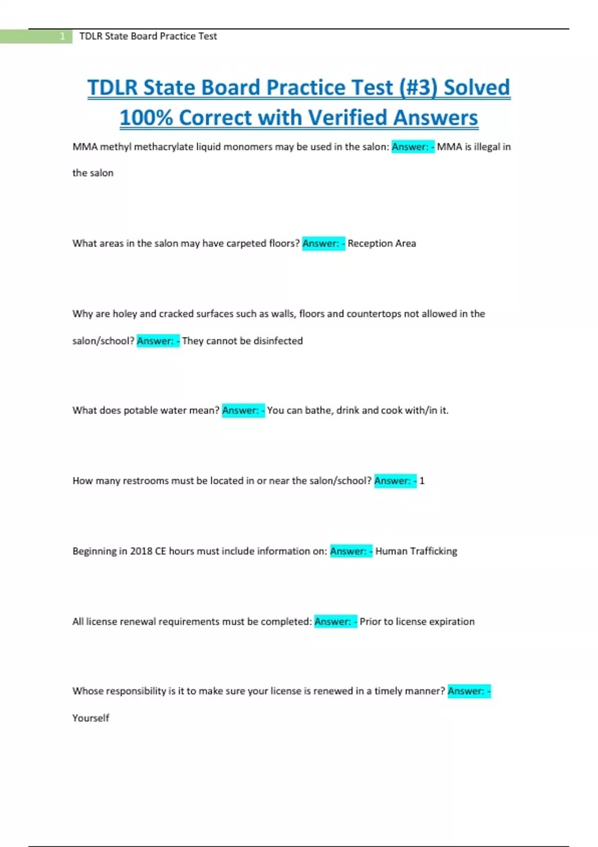 TDLR State Board Practice Test (#3) Solved 100% Correct with Verified ...