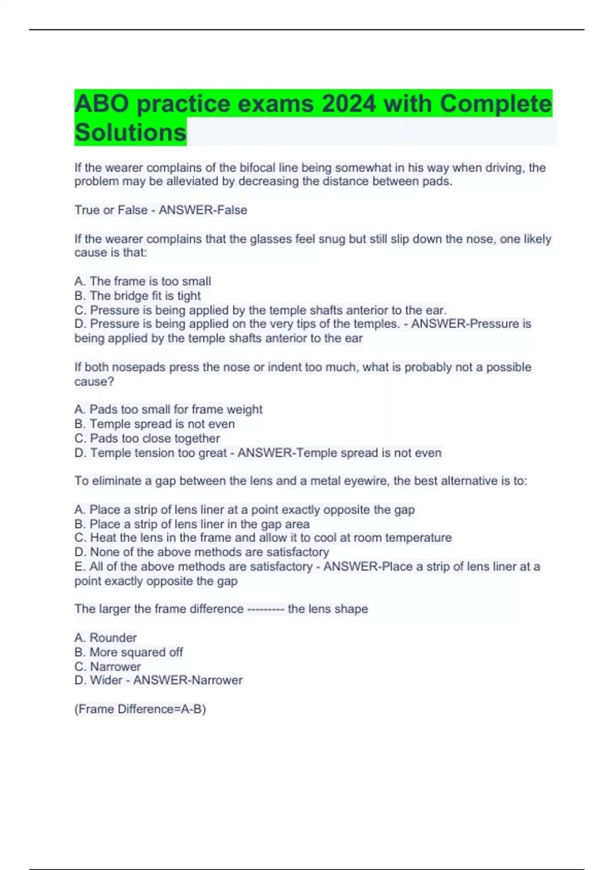 ABO practice exams 2024 with Complete Solutions - ABO - Stuvia US