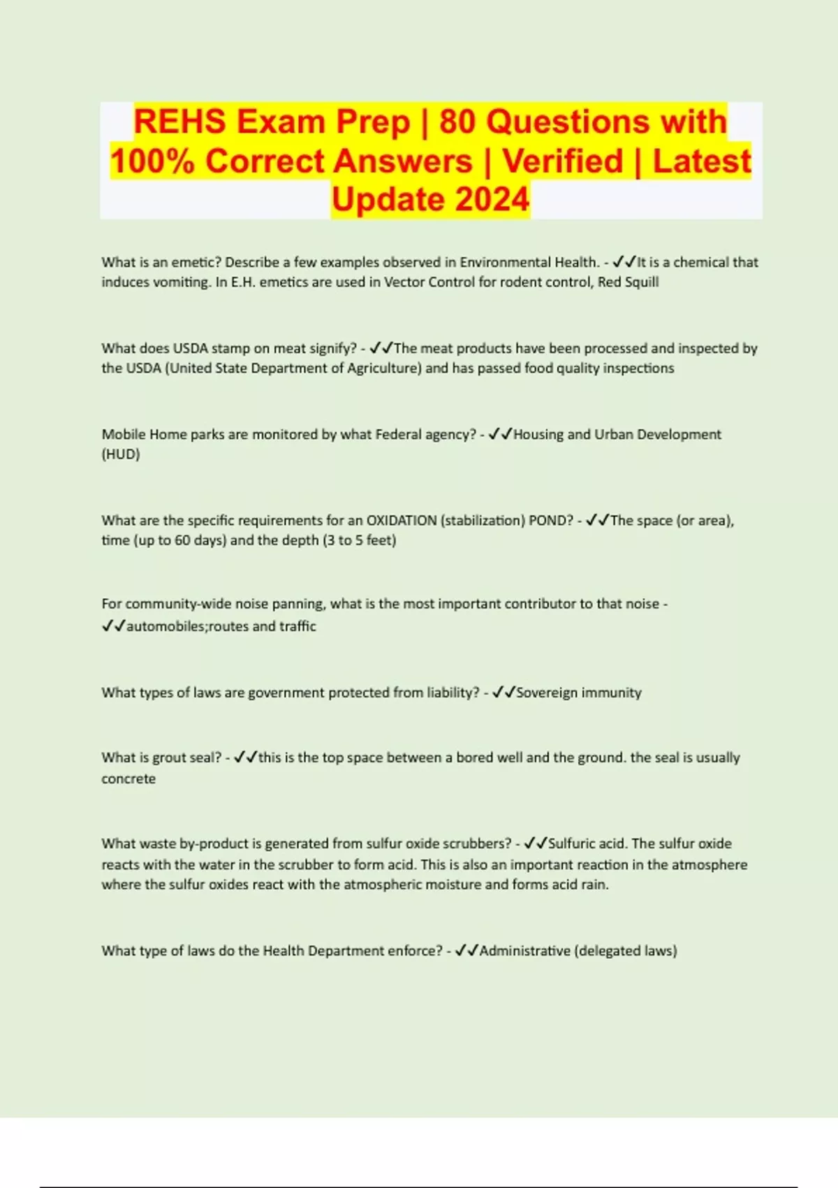 REHS Exam Prep | 80 Questions with 100% Correct Answers | Verified ...