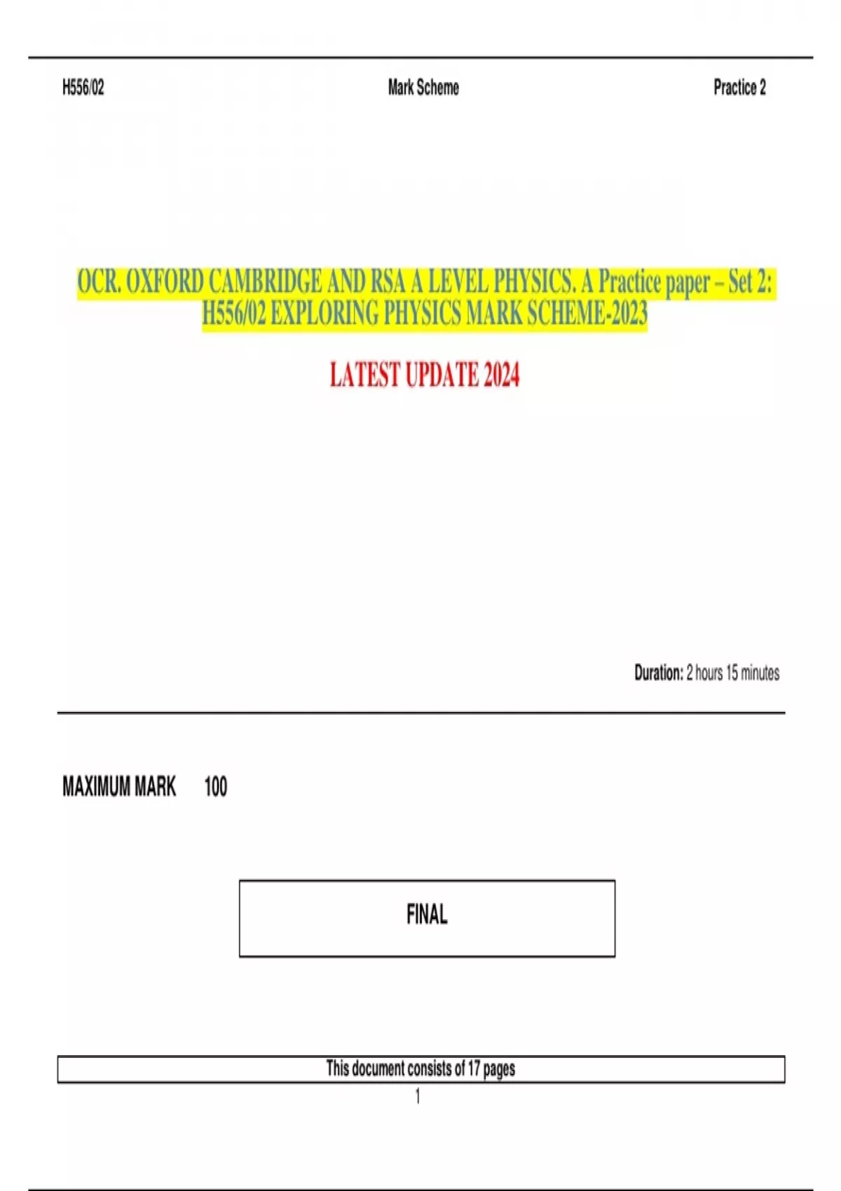 OCR. OXFORD CAMBRIDGE AND RSA A LEVEL PHYSICS. A Practice paper – Set 2 ...