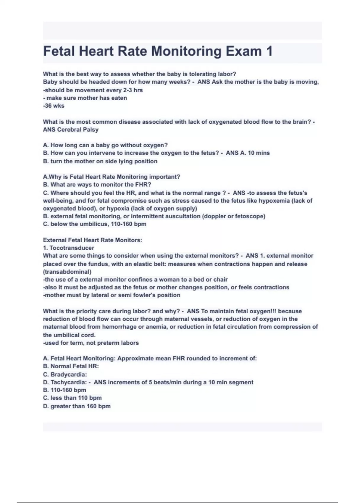 Fetal Heart Rate Monitoring Exam 1 Questions with correct Answers ...