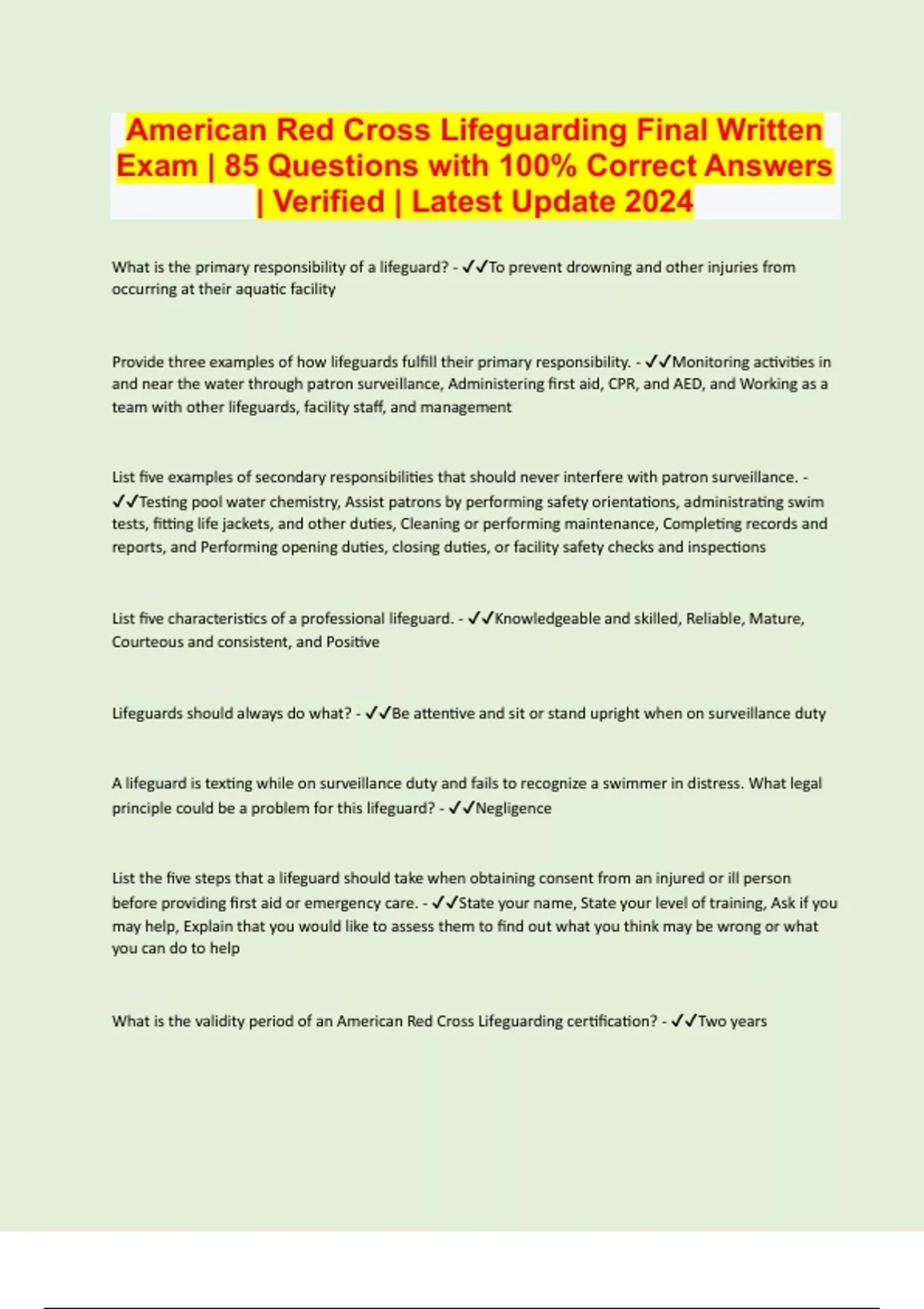 American Red Cross Lifeguarding Final Written Exam | 85 Questions with 100% Correct Answers ...