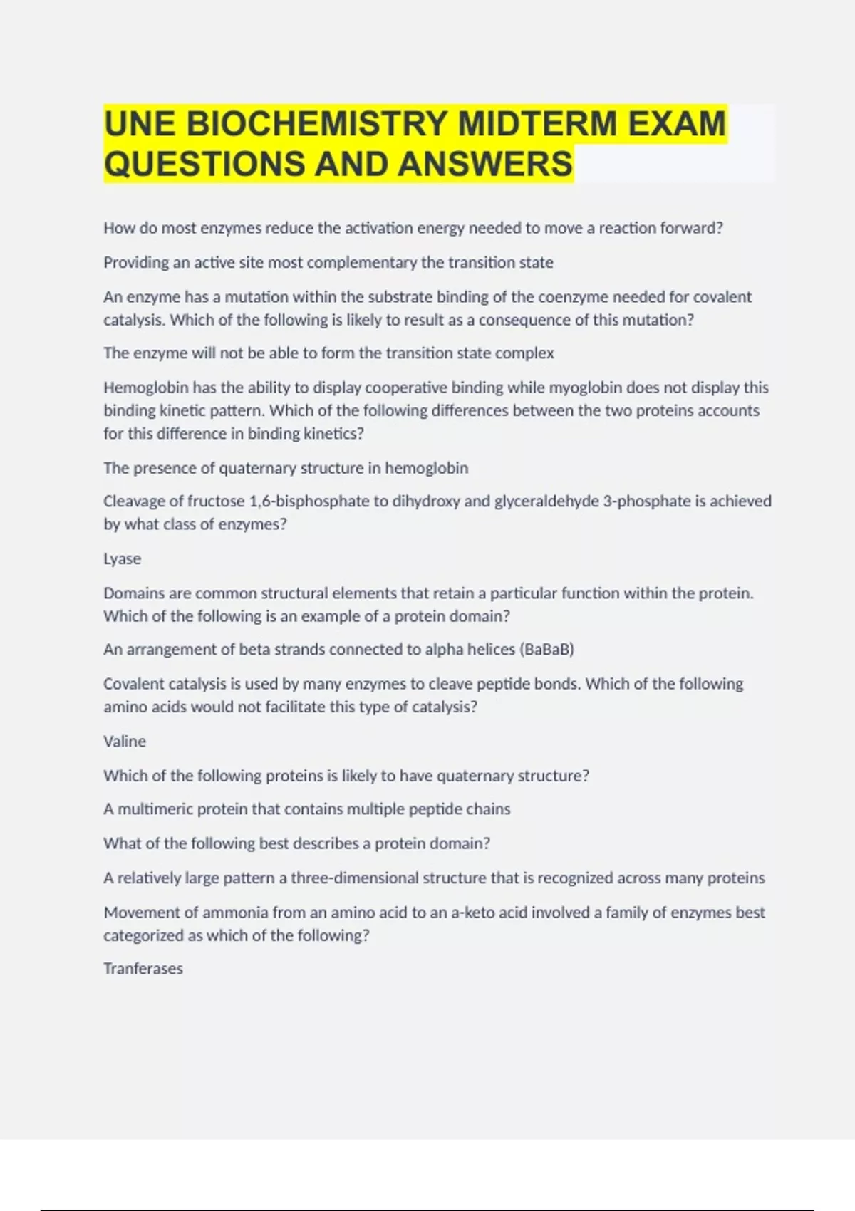 Une Biochemistry Midterm Exam Questions And Answers Biochemistry Stuvia Us
