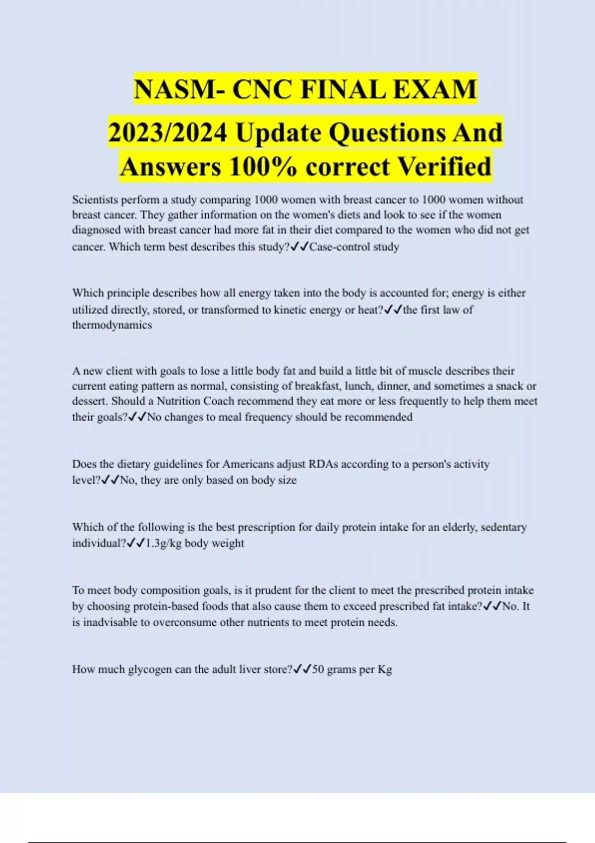 NASM- CNC FINAL EXAM 2023/2024 Update Questions And Answers 100% correct Verified - Nasm - Stuvia US