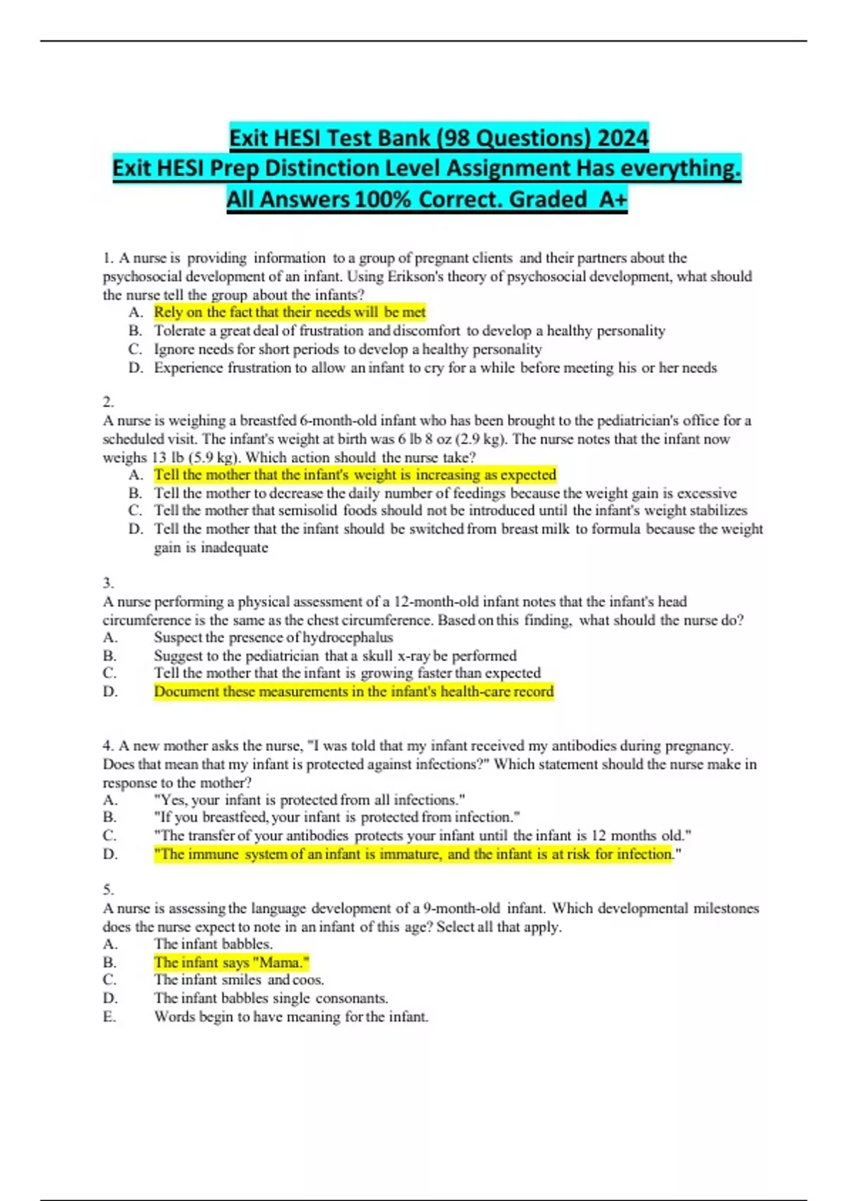 Exit HESI Test Bank (98 Questions) 2024 Exit HESI Prep Distinction ...
