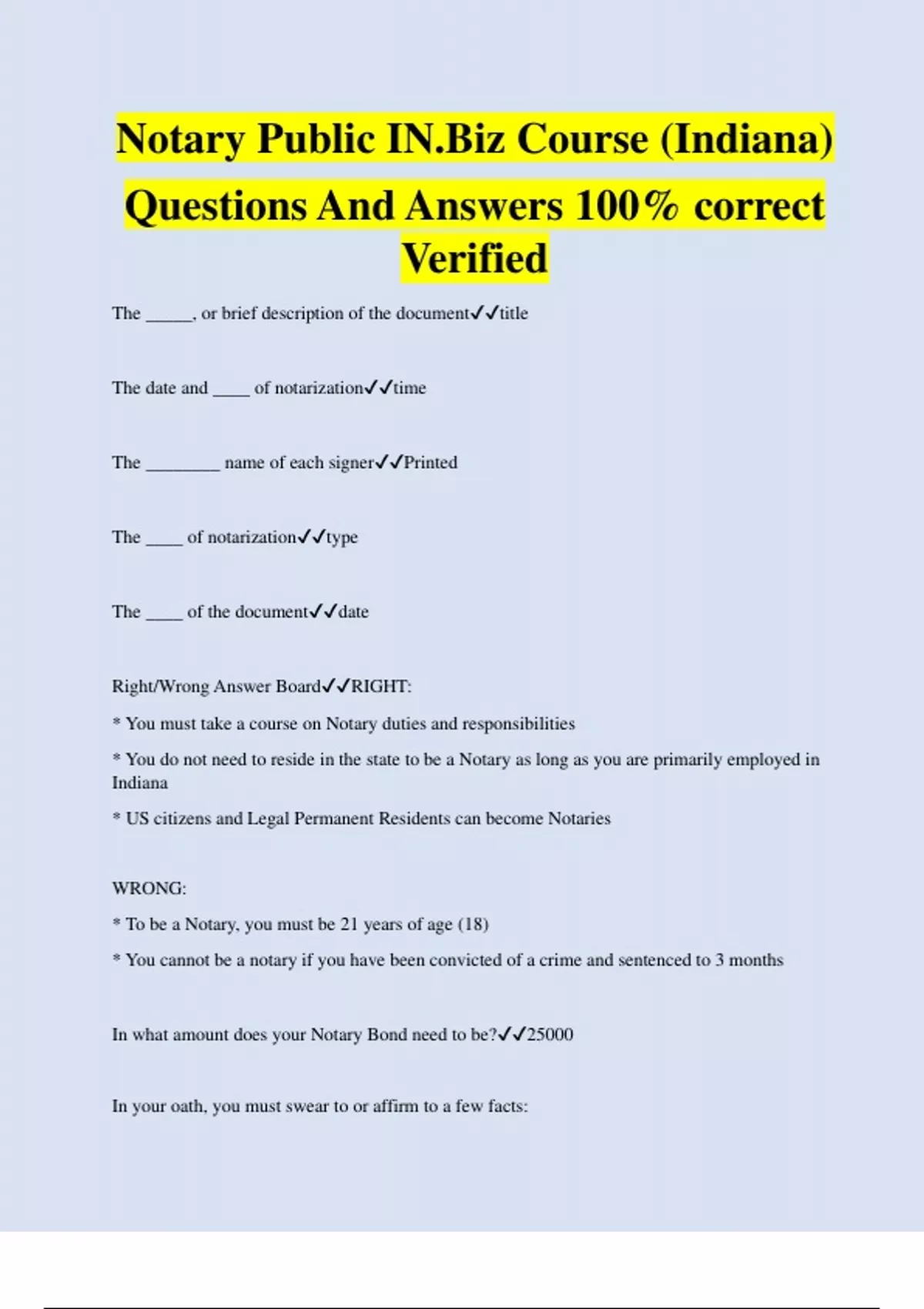 Notary Public IN.Biz Course (Indiana) Questions And Answers 100% ...