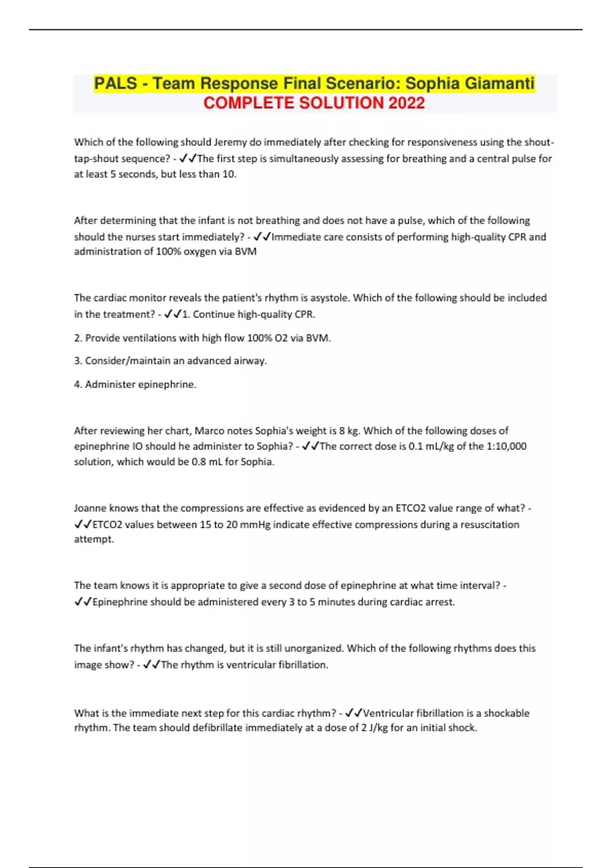 PALS - Team Response Final Scenario: Sophia Giamanti COMPLETE SOLUTION 2022 - Pals - Stuvia US