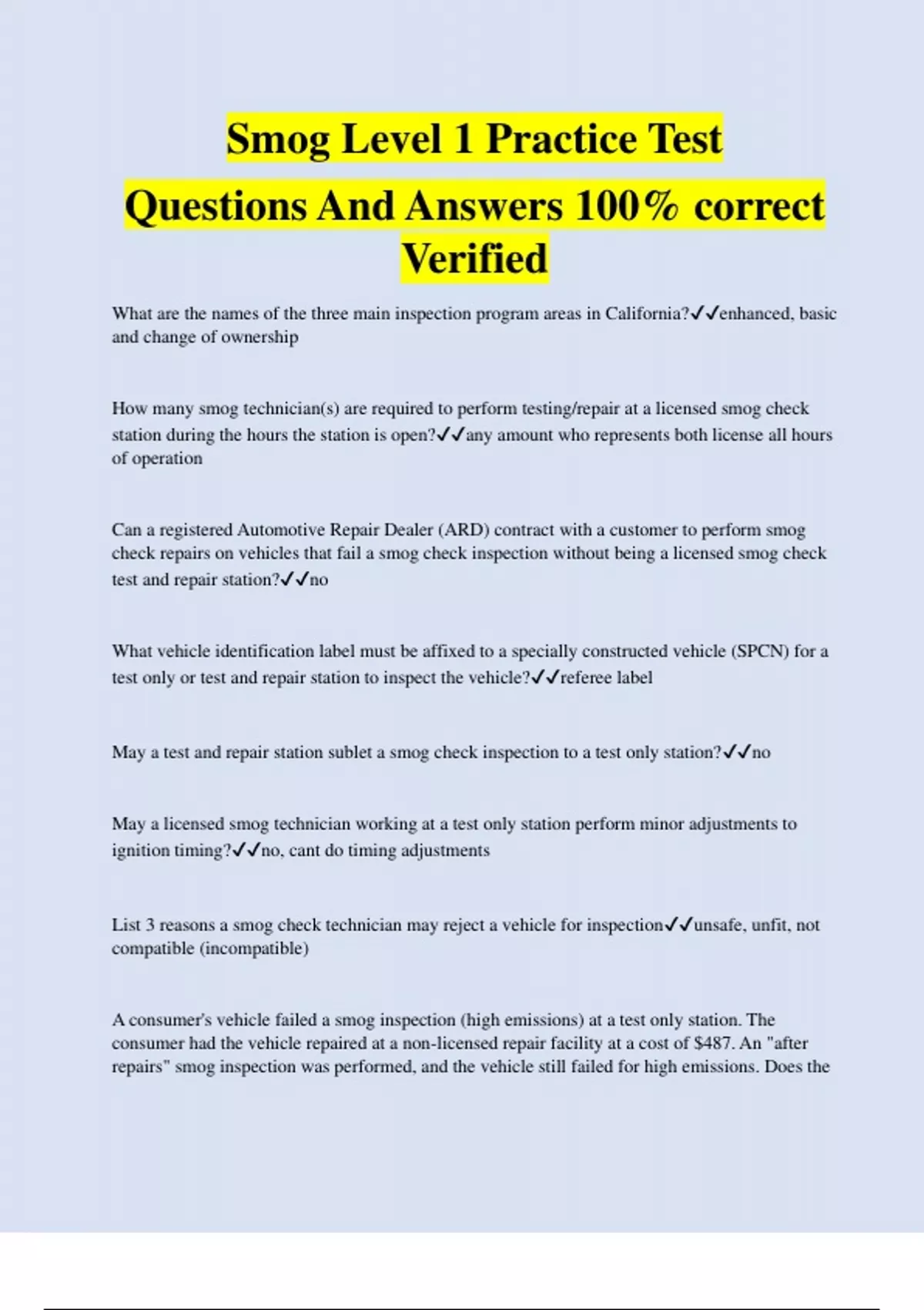 Smog Level 1 Practice Test Questions And Answers 100% correct Verified ...
