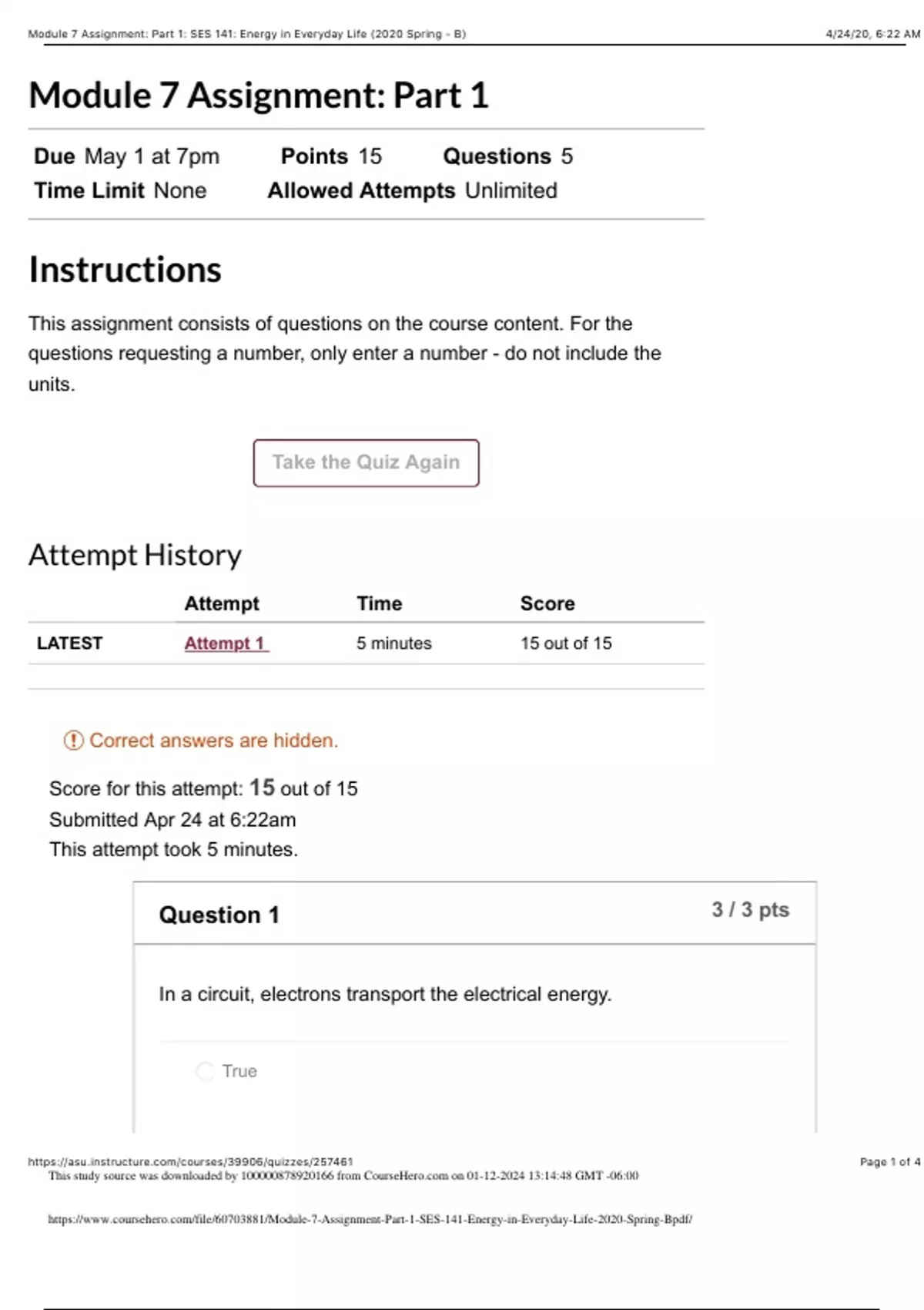 Module 7 Assignment: Part 1: SES 141: Energy in Everyday Life latest ...