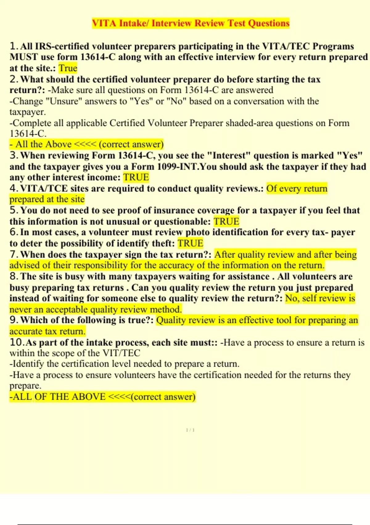 VITA Intake Interview Review Test Questions - 2024 Review with VERIFIED ...