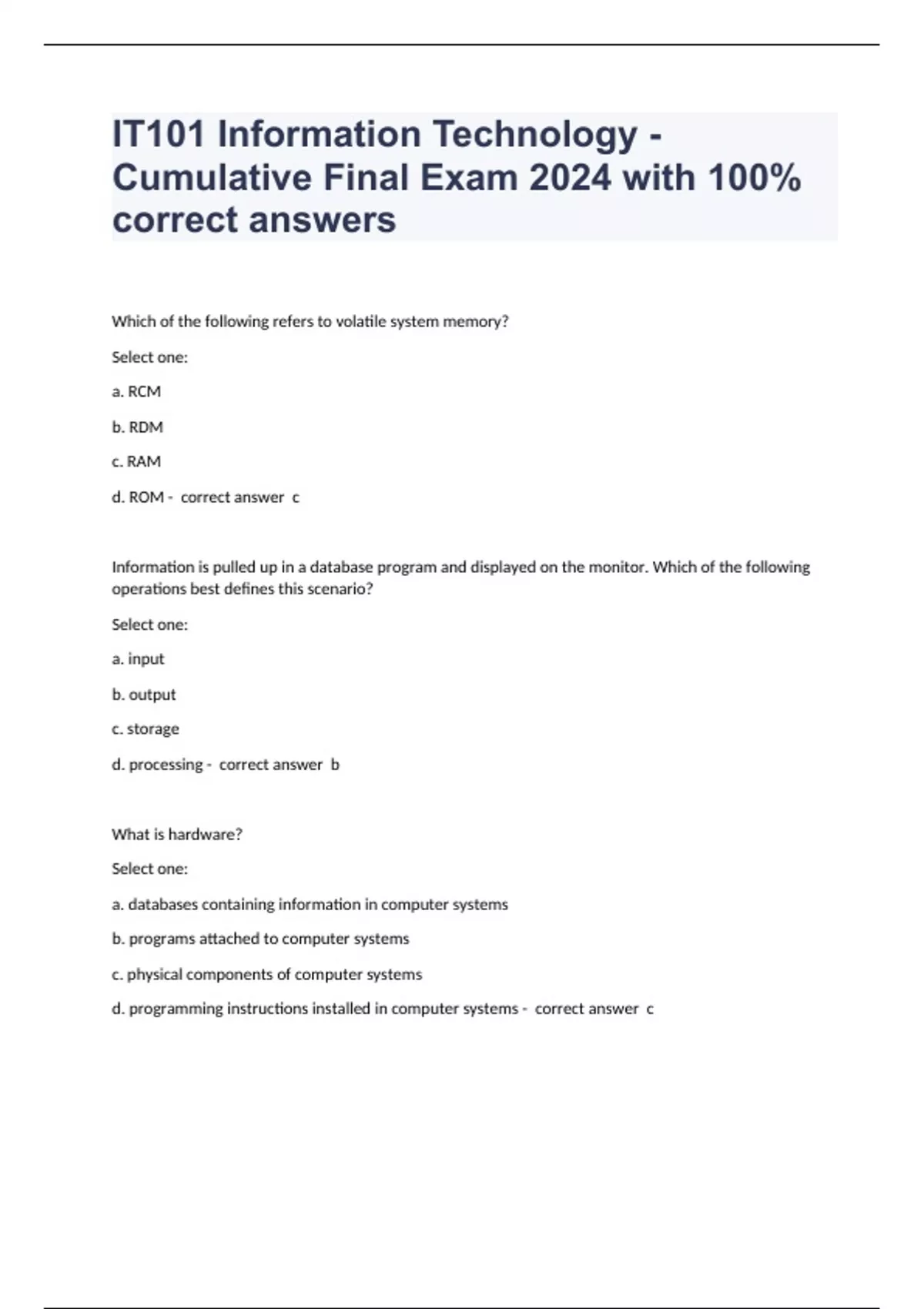 IT101 Information Technology - Cumulative Final Exam 2024 with 100% correct answers - IT101 ...