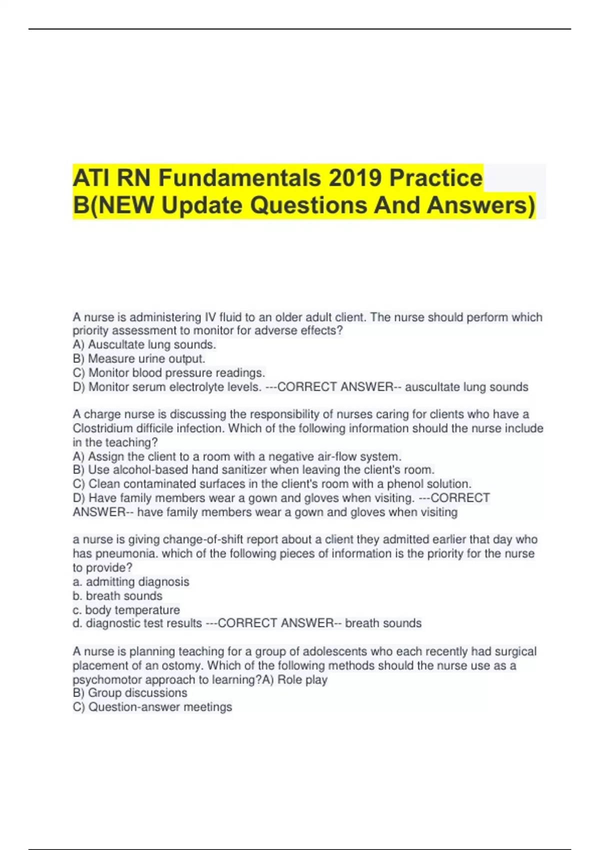 ATI RN Fundamentals 2019 Practice B(NEW Update Questions And Answers ...