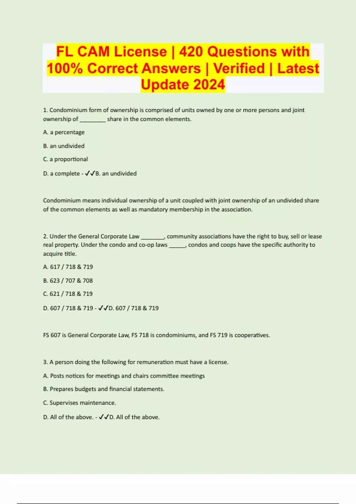 FL CAM License | 420 Questions with 100% Correct Answers | Verified ...