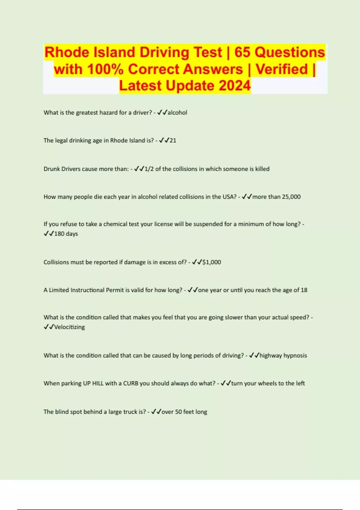 Rhode Island Driving Test | 65 Questions with 100% Correct Answers ...