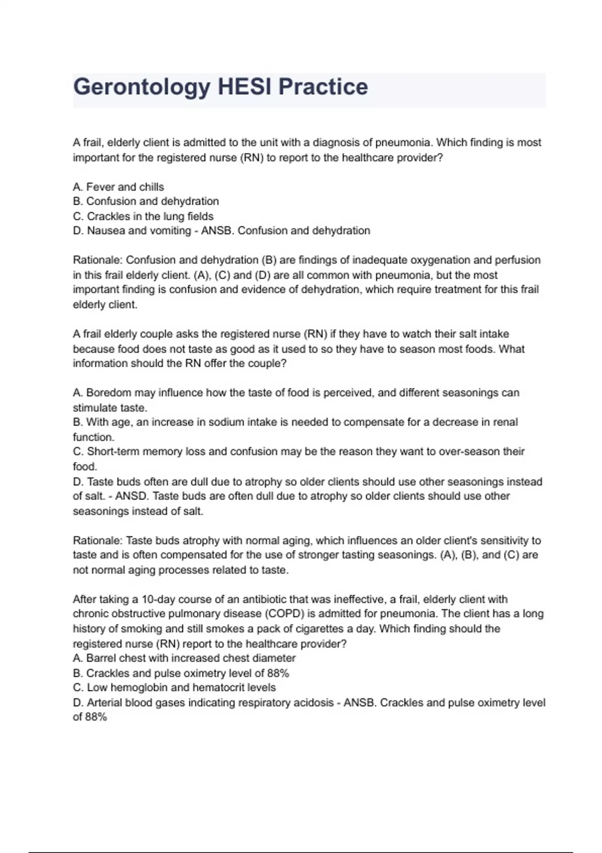 Gerontology HESI Practice 2024/2025 already graded A+ - Gerontology ...