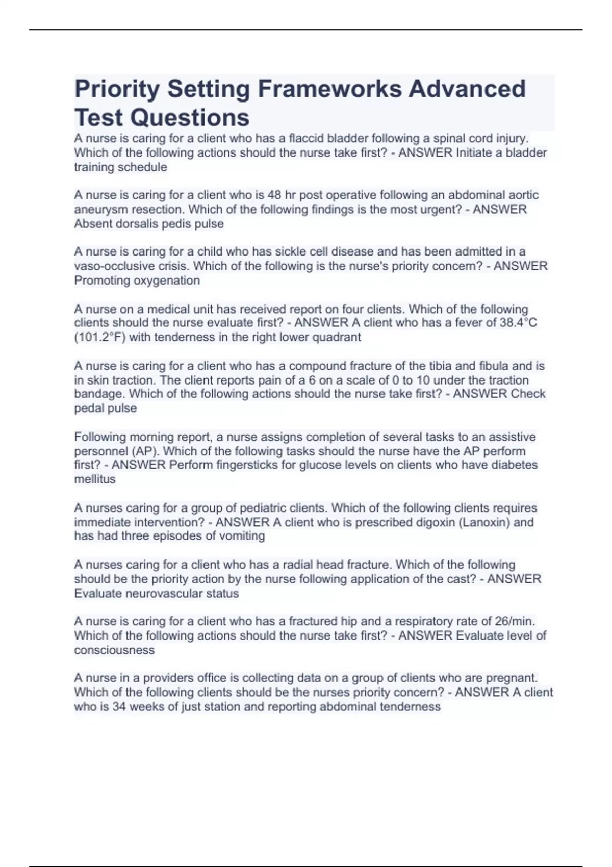 Priority Setting Frameworks Advanced Test Questions Ati Rn Stuvia Us