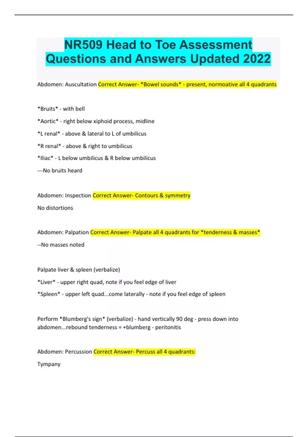 NR509 Head to Toe Assessment Questions and Answers Updated 2022 - NR601 ...