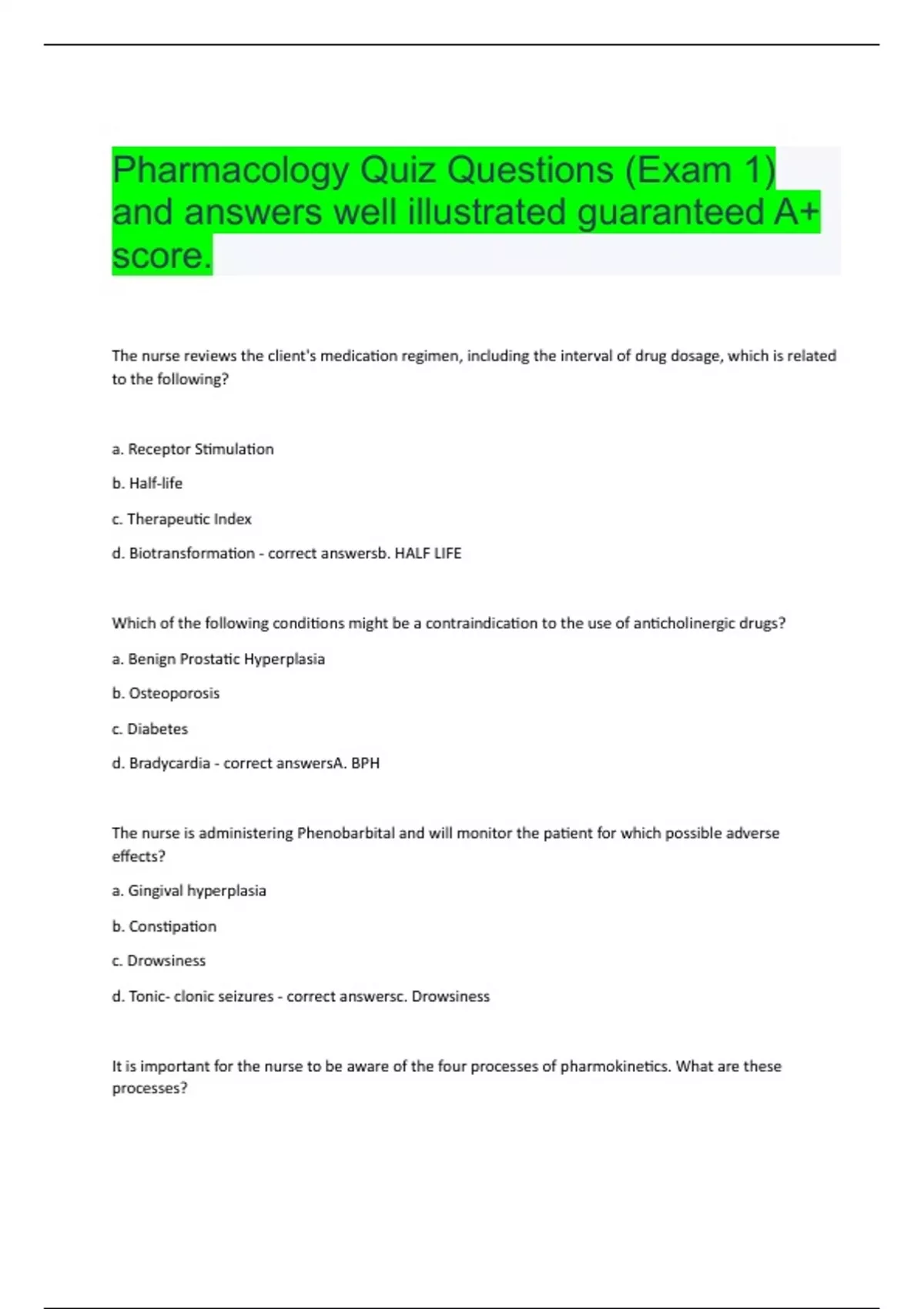 Pharmacology Quiz Questions - Pharmacology . - Stuvia US