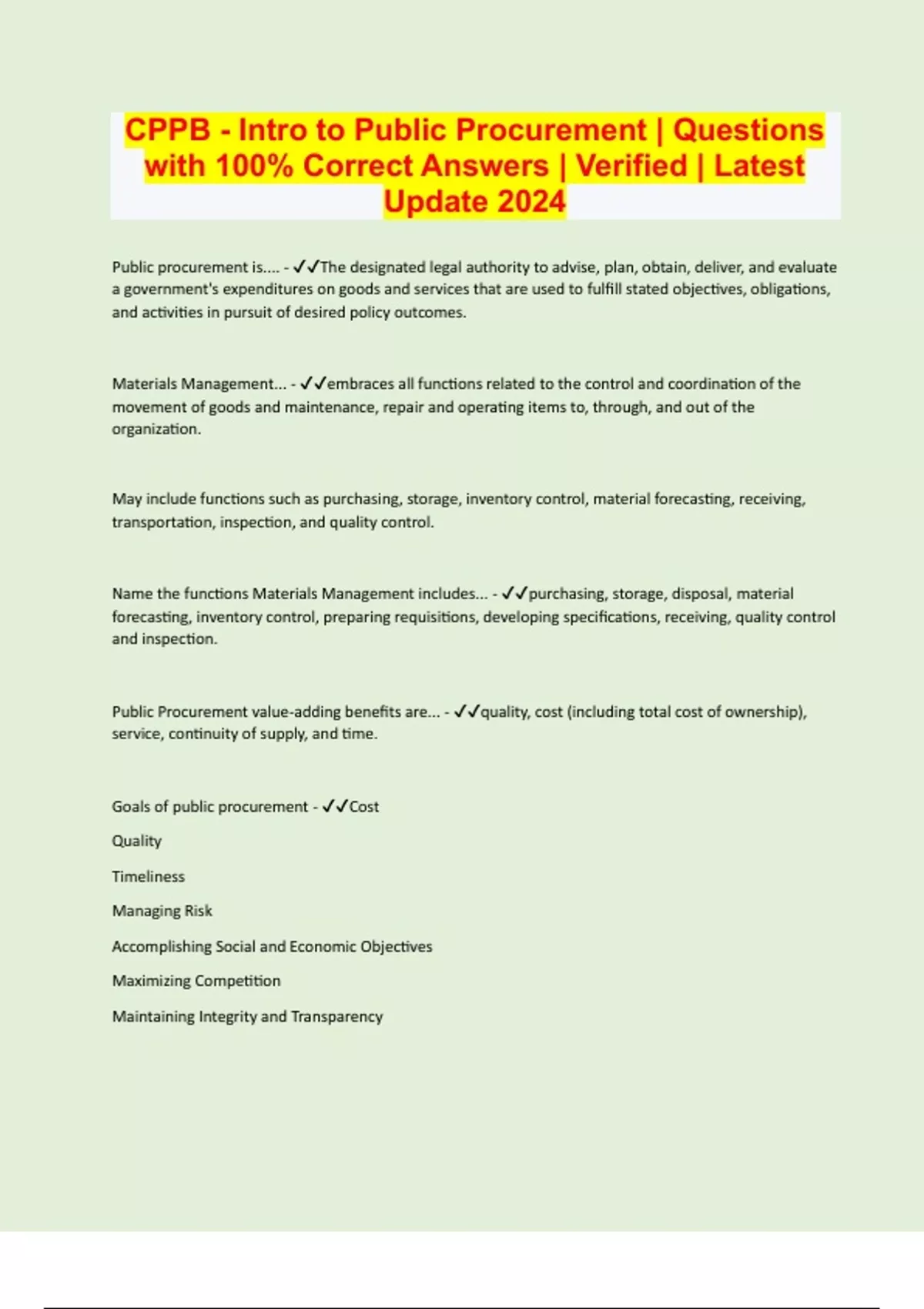 Cppb Intro To Public Procurement Questions With 100 Correct Answers Verified Latest