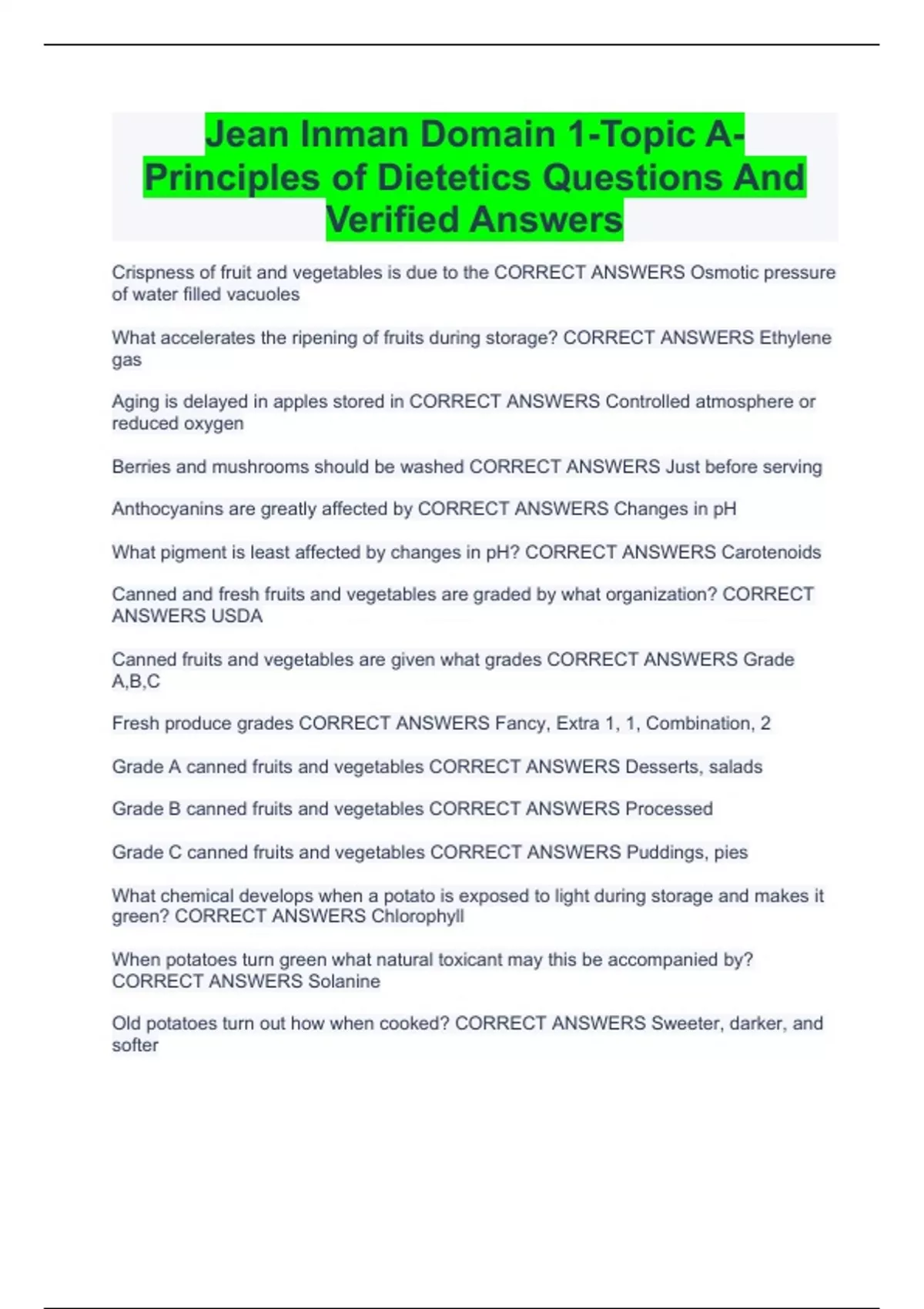 Jean Inman Domain 1 (RD Exam) Bundled Exams Questions With Correct ...