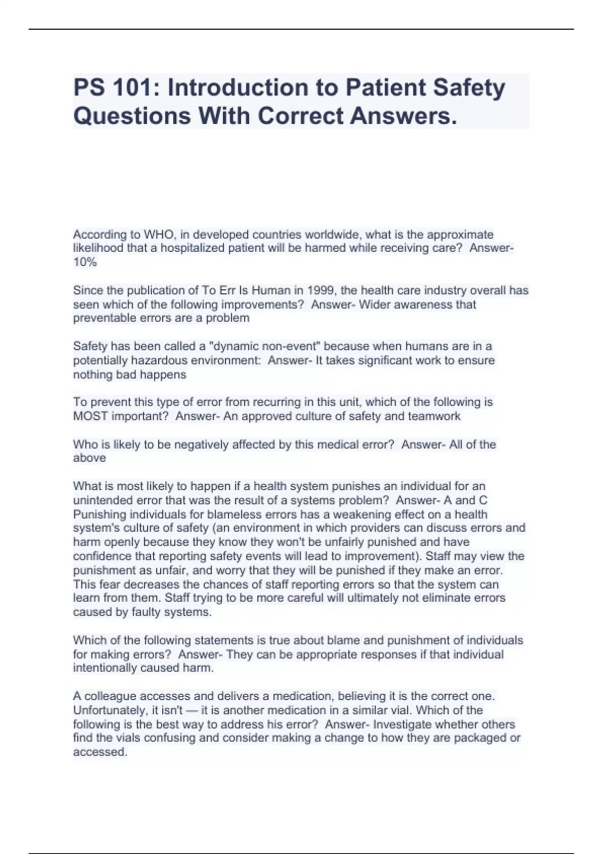 PS 101: Introduction to Patient Safety Questions With Correct Answers ...