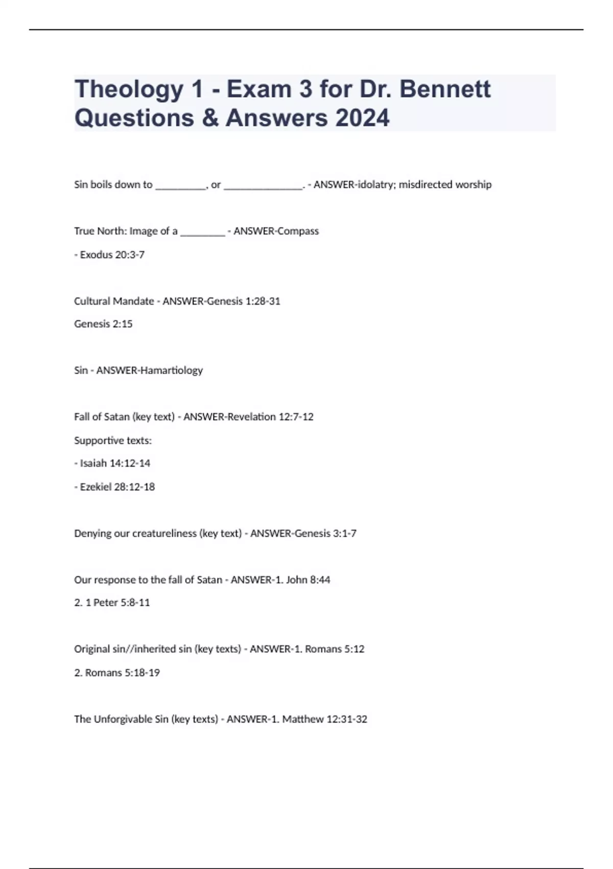 Theology 1 - Exam 3 for Dr. Bennett Questions & Answers 2024 - Theology ...