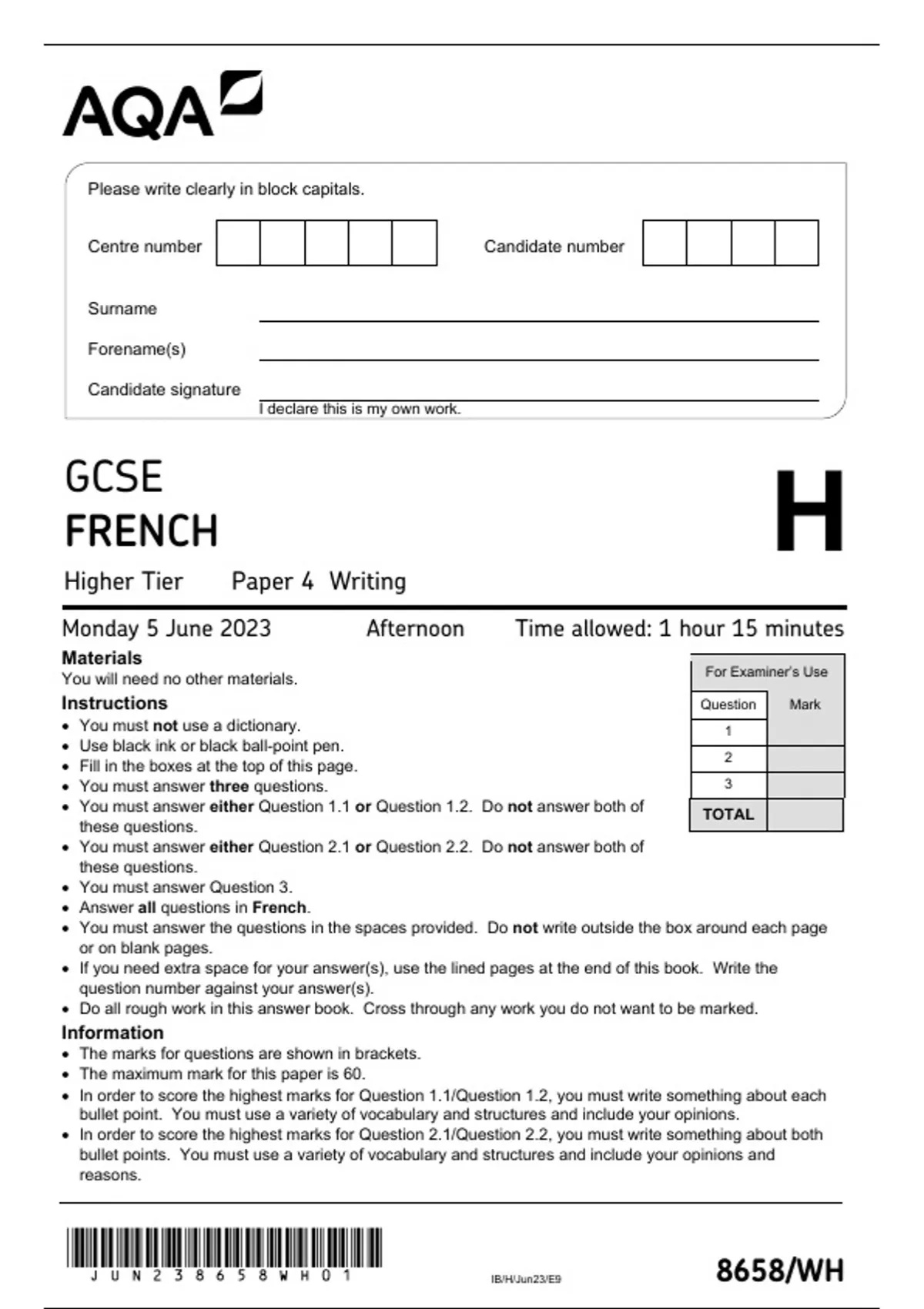 GCSE AQA June 2024 Higher French Paper 4 Writing - Modern foreign ...
