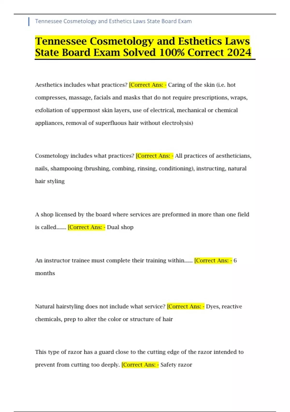 Tennessee Cosmetology and Esthetics Laws State Board Exam Solved 100% ...