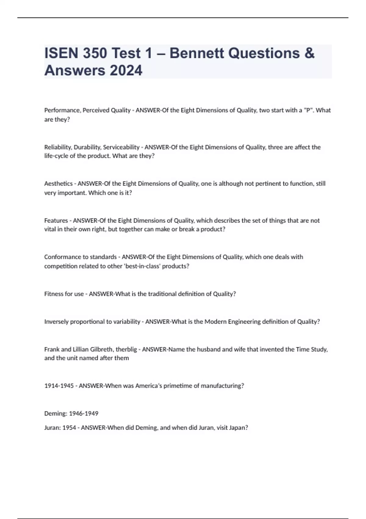 ISEN 350 Test 1 – Bennett Questions & Answers 2024 - ISEN 350 - Bennett ...
