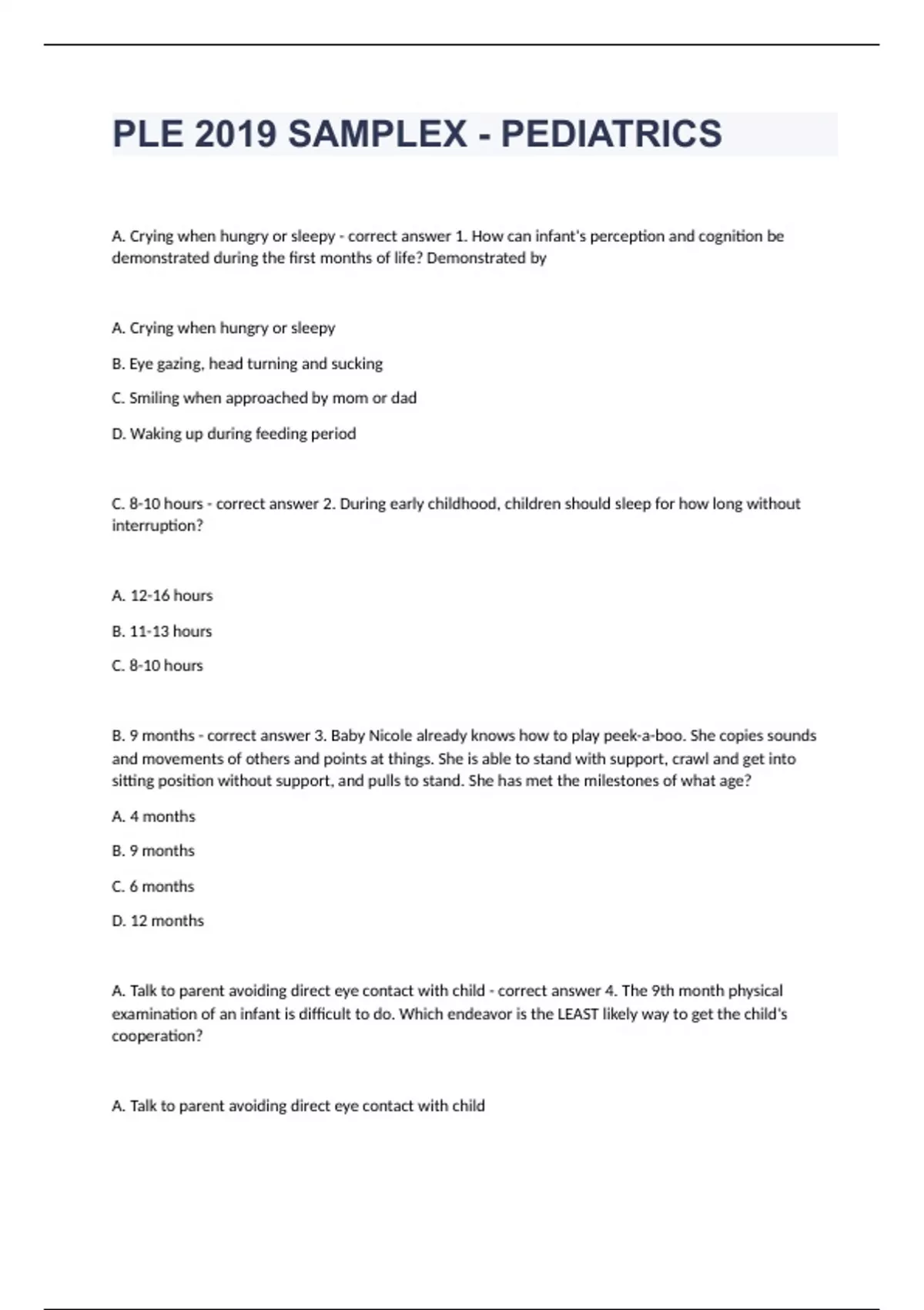 PLE 2019 SAMPLEX - PEDIATRICS Question and answers (UPDATED) already ...