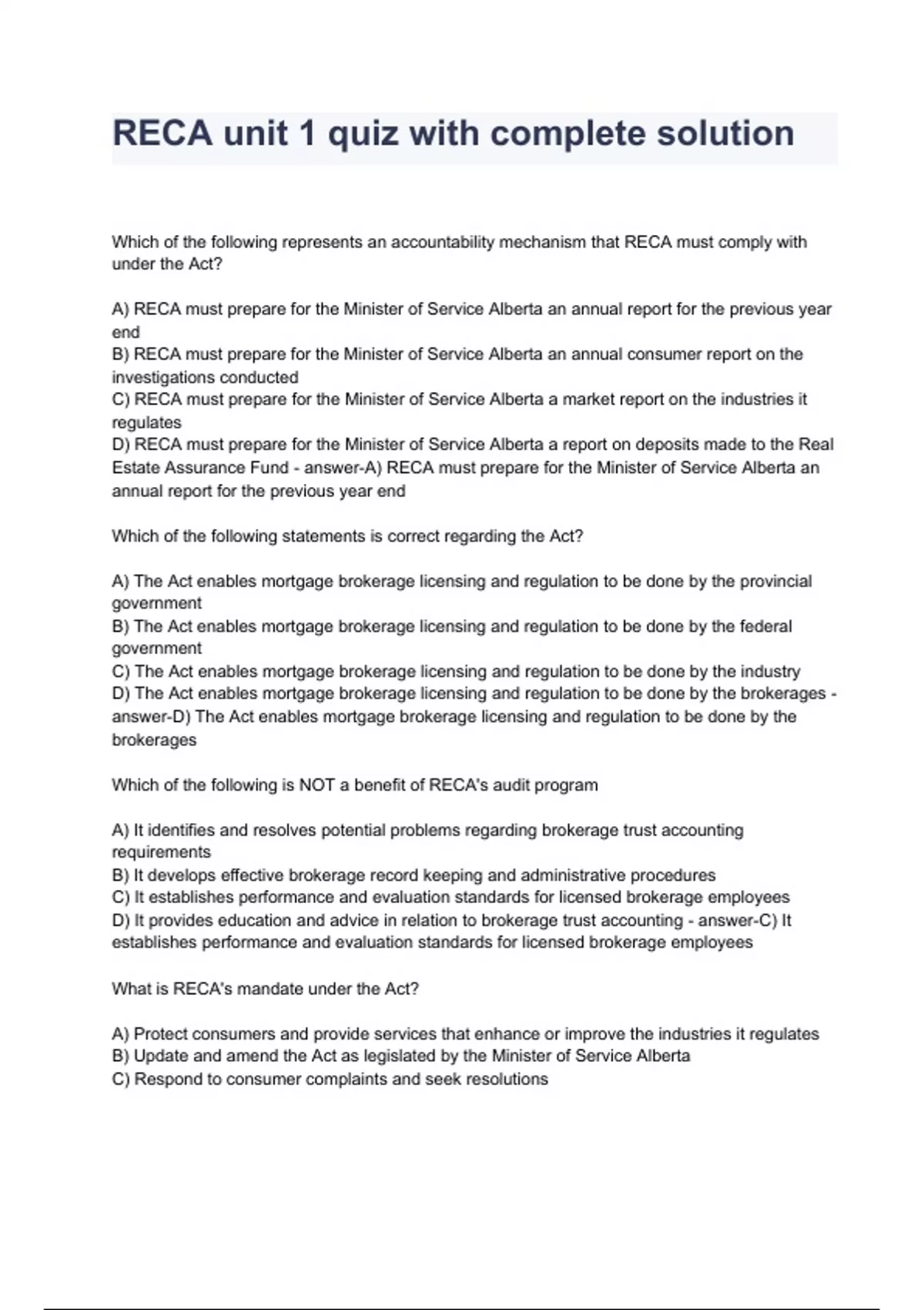 RECA unit 1 quiz with complete solution - RECA unit 1 qu - Stuvia US