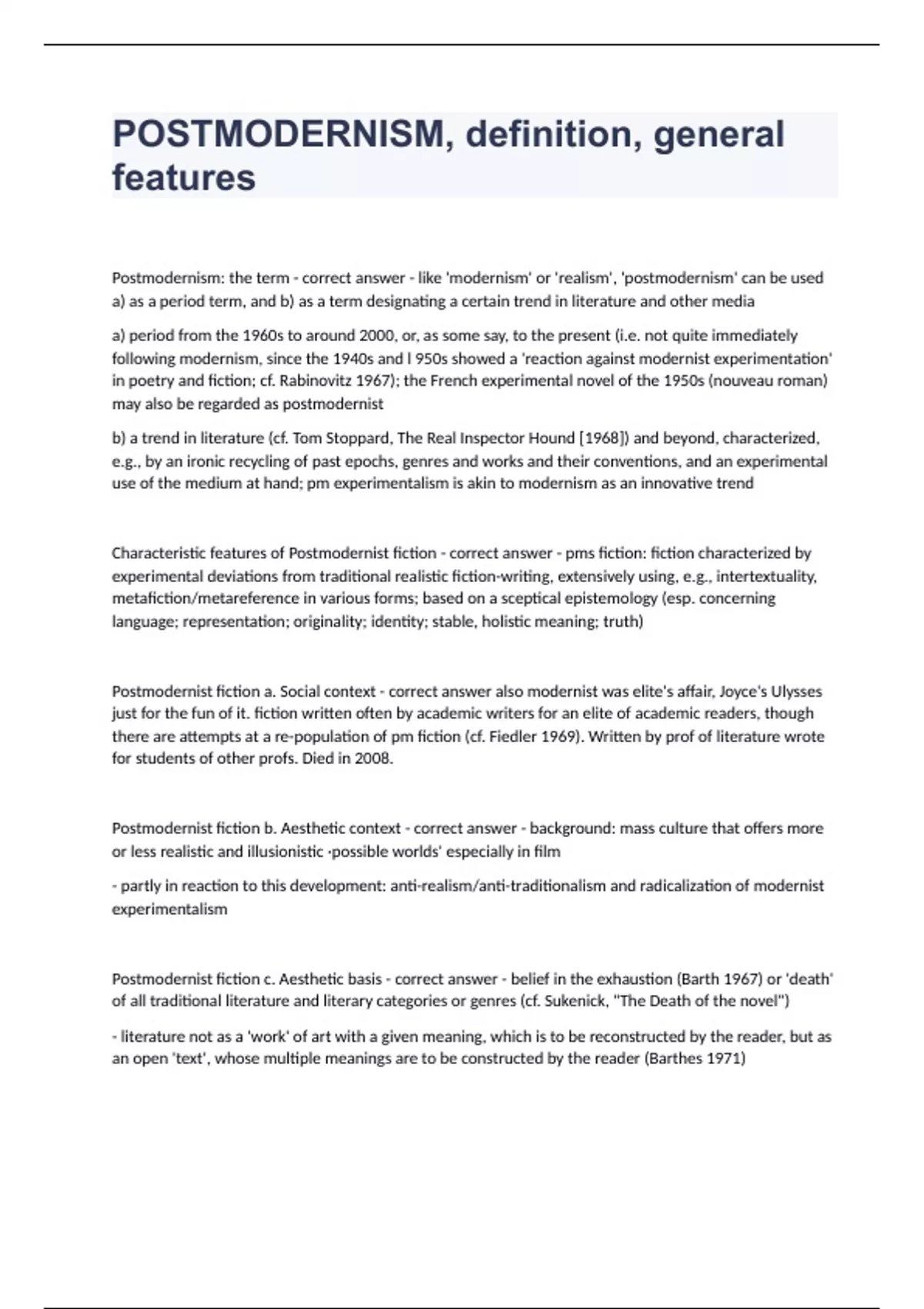POSTMODERNISM, definition, general features Question and answers rated A+ 2023/2024 ...
