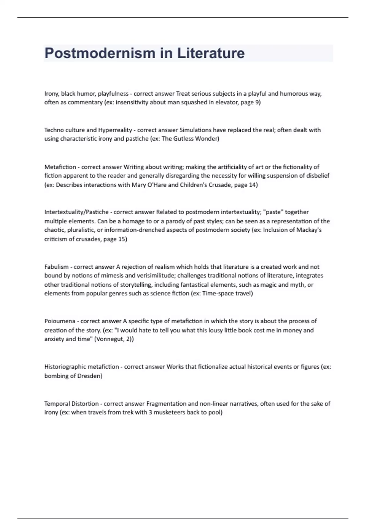 Postmodernism in Literature Question and answers rated A+ 2023/2024 ...