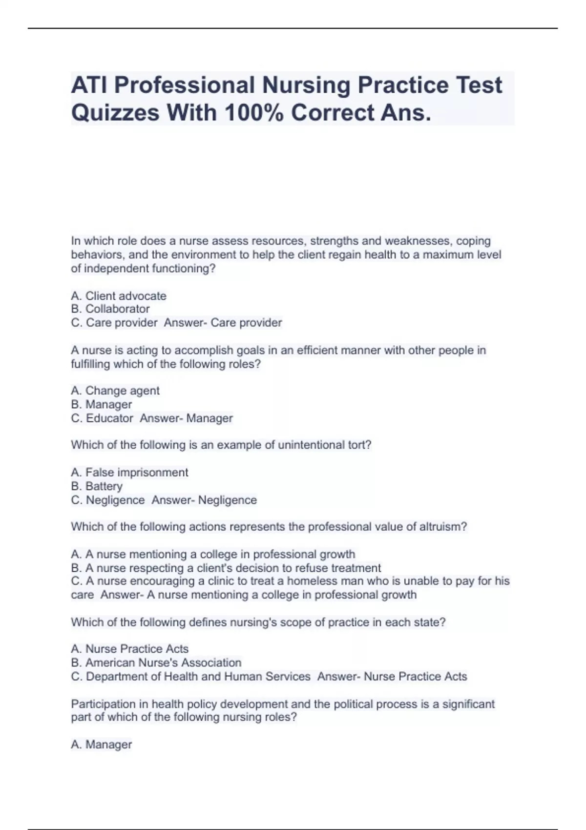 ATI Professional Nursing Practice Test Quizzes With 100% Correct Ans ...