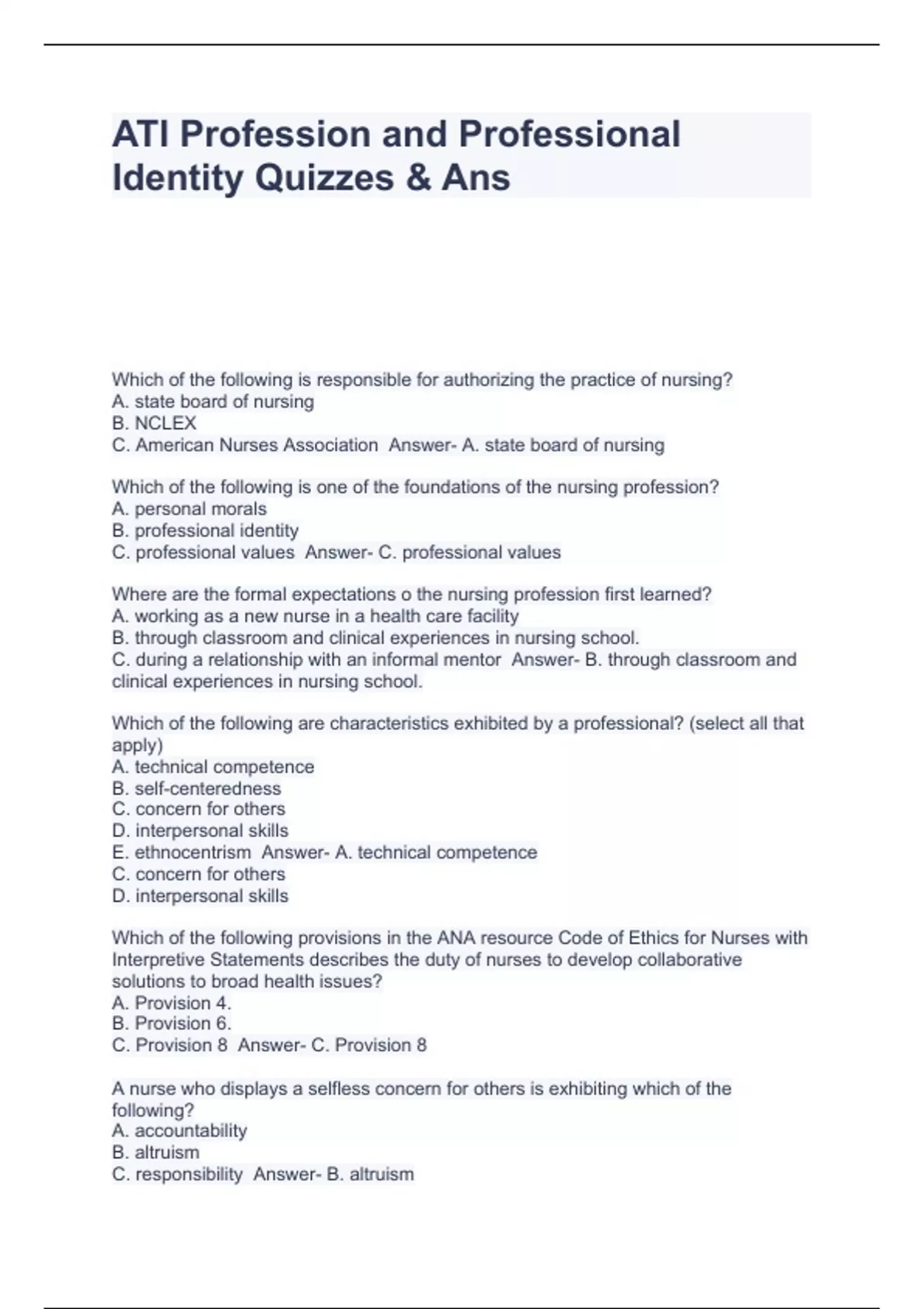 ATI Profession and Professional Identity Quizzes & Ans - ATI Profession ...