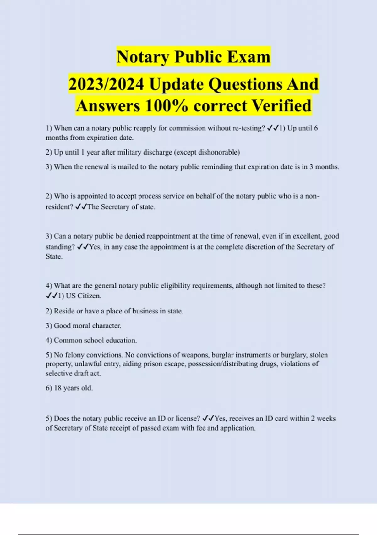 Notary Public Exam 2023/2024 Update Questions And Answers 100% correct ...