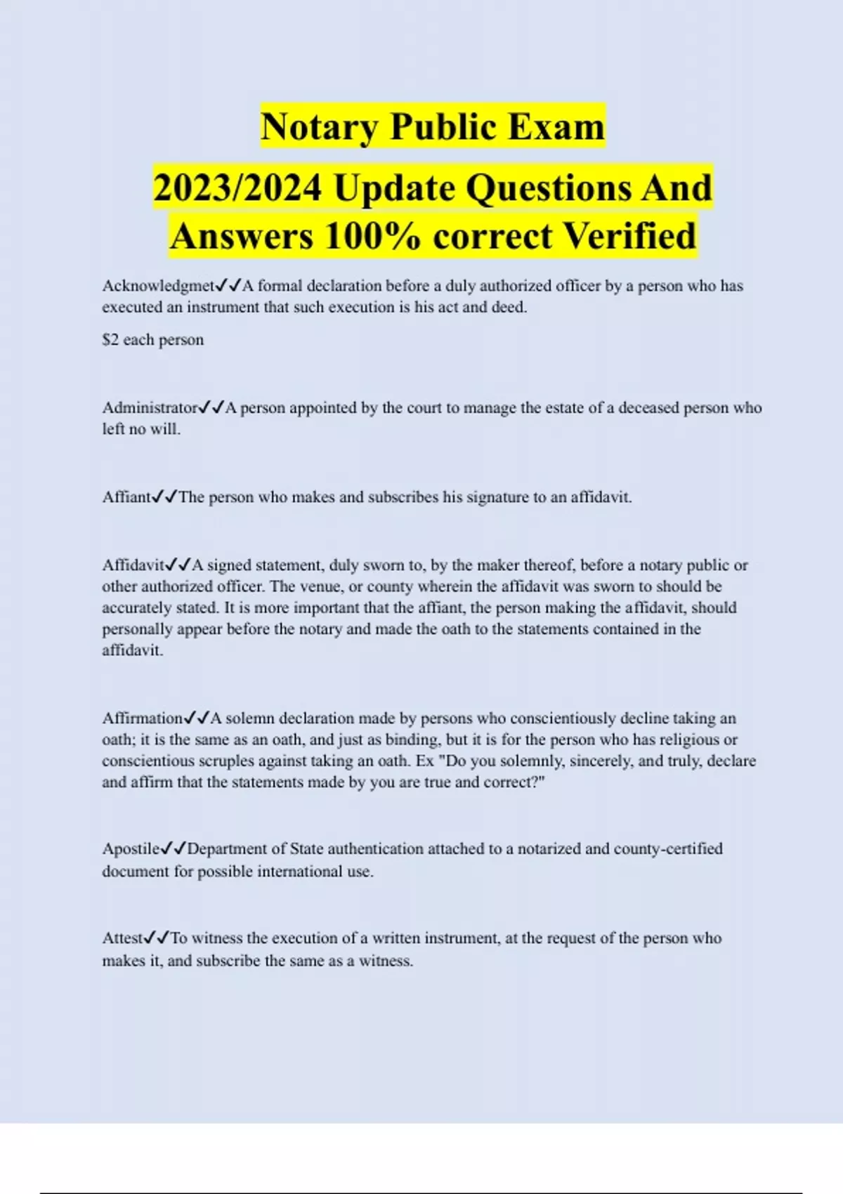 Notary Public Exam 2023/2024 Update Questions And Answers 100% correct ...