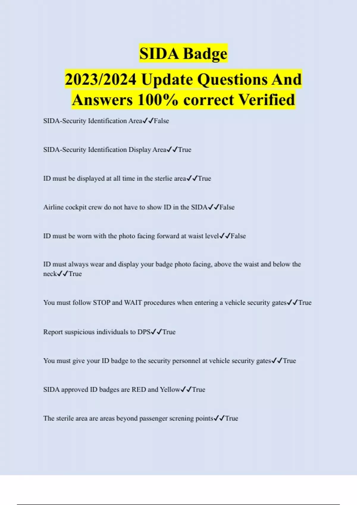 SIDA Badge 2023/2024 Update Questions And Answers 100% correct Verified ...