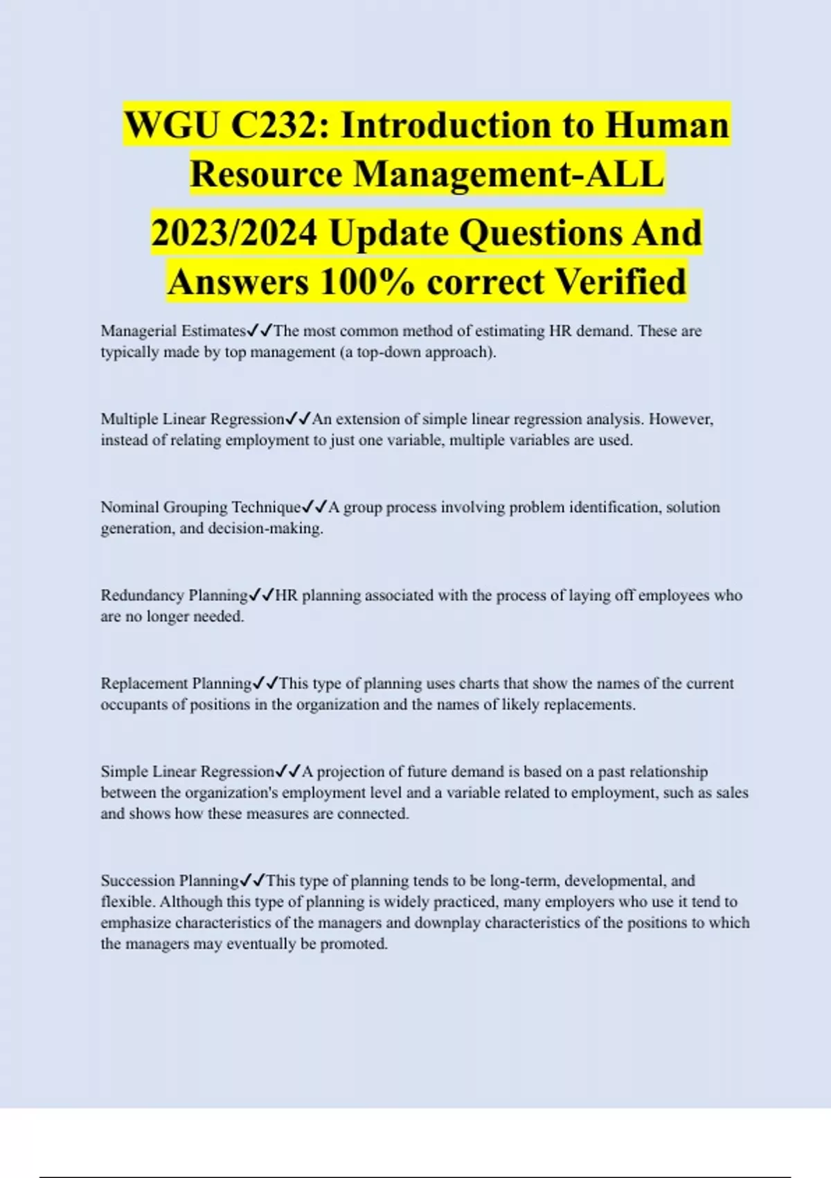WGU C232: Introduction to Human Resource Management-ALL 2023/2024 Update Questions And Answers ...