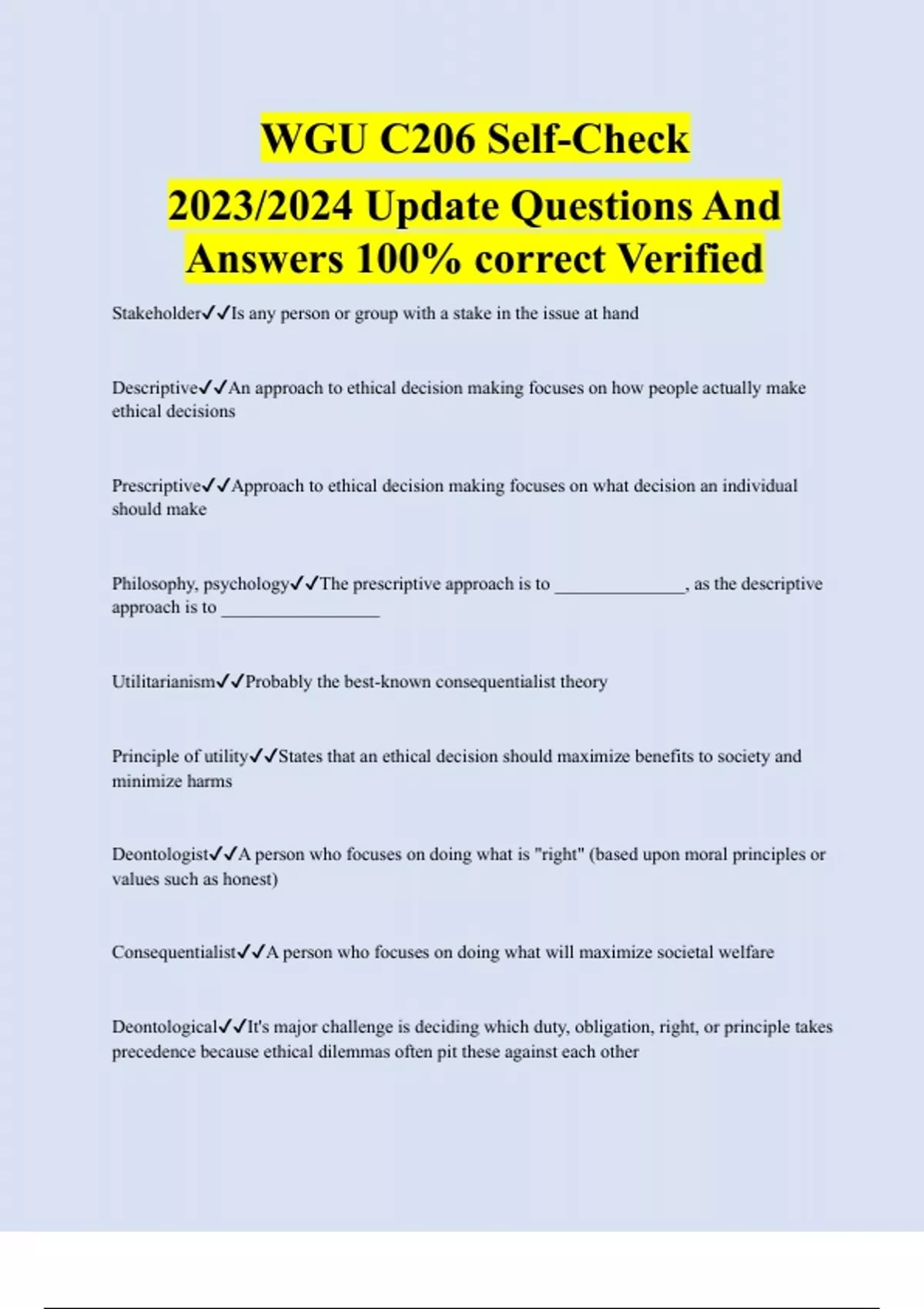 WGU C206 Self-Check 2023/2024 Update Questions And Answers 100% correct ...