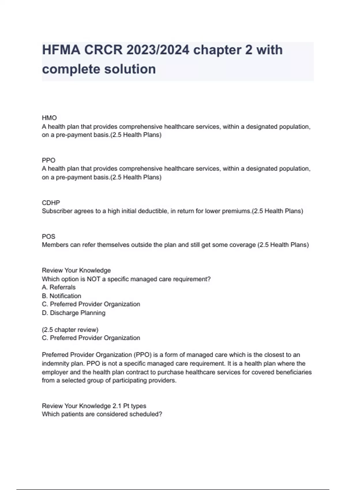 HFMA CRCR 2023/2024 chapter 2 with complete solution - HFMA CRCR 2023/ ...