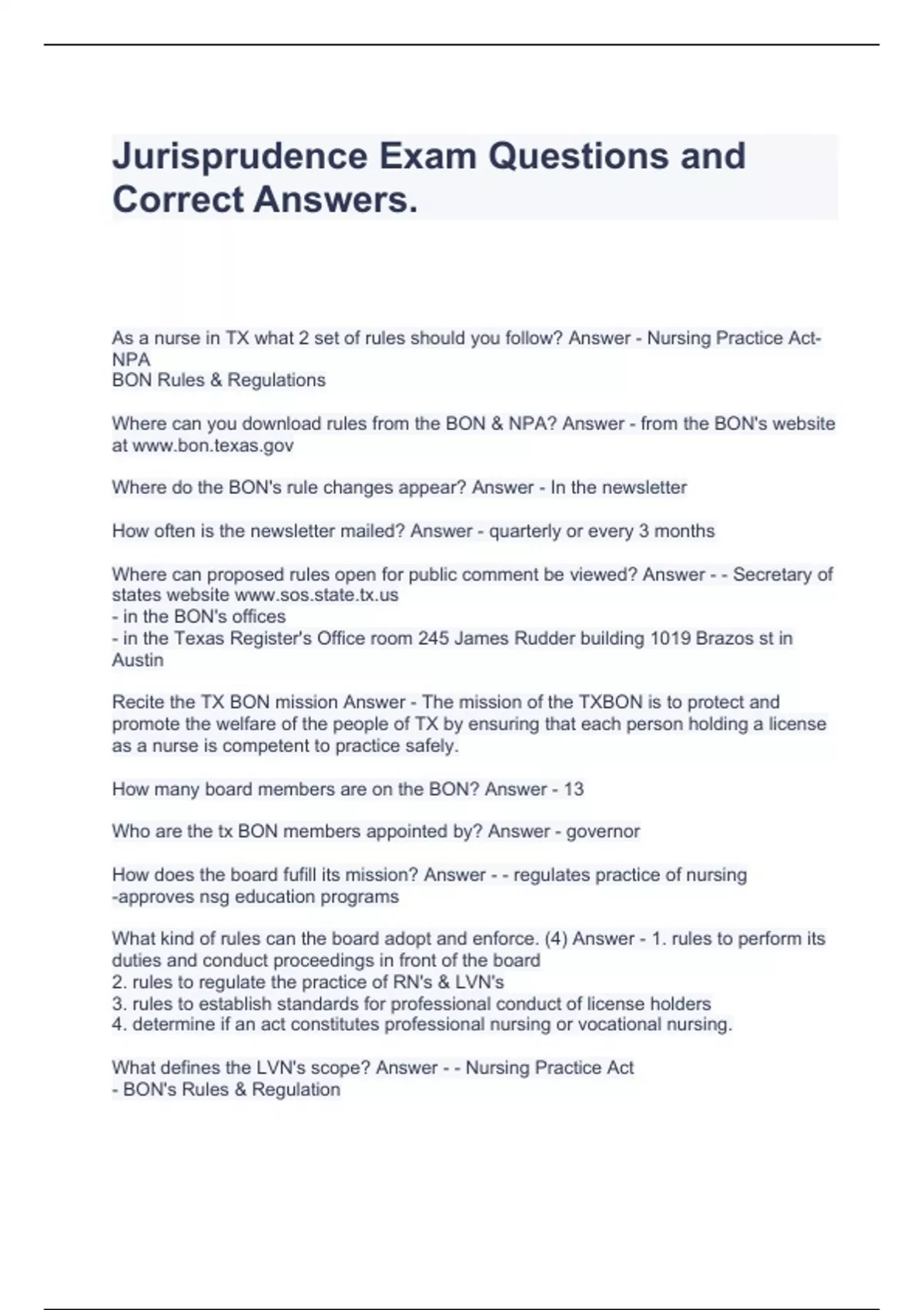 Jurisprudence Exam Questions and Correct Answers - TEXAS Nursing ...