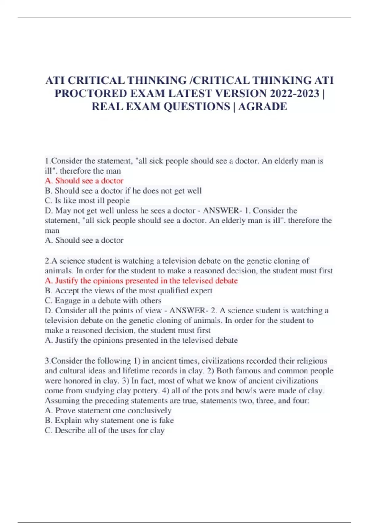 ATI CRITICAL THINKING /CRITICAL THINKING ATI PROCTORED EXAM LATEST ...