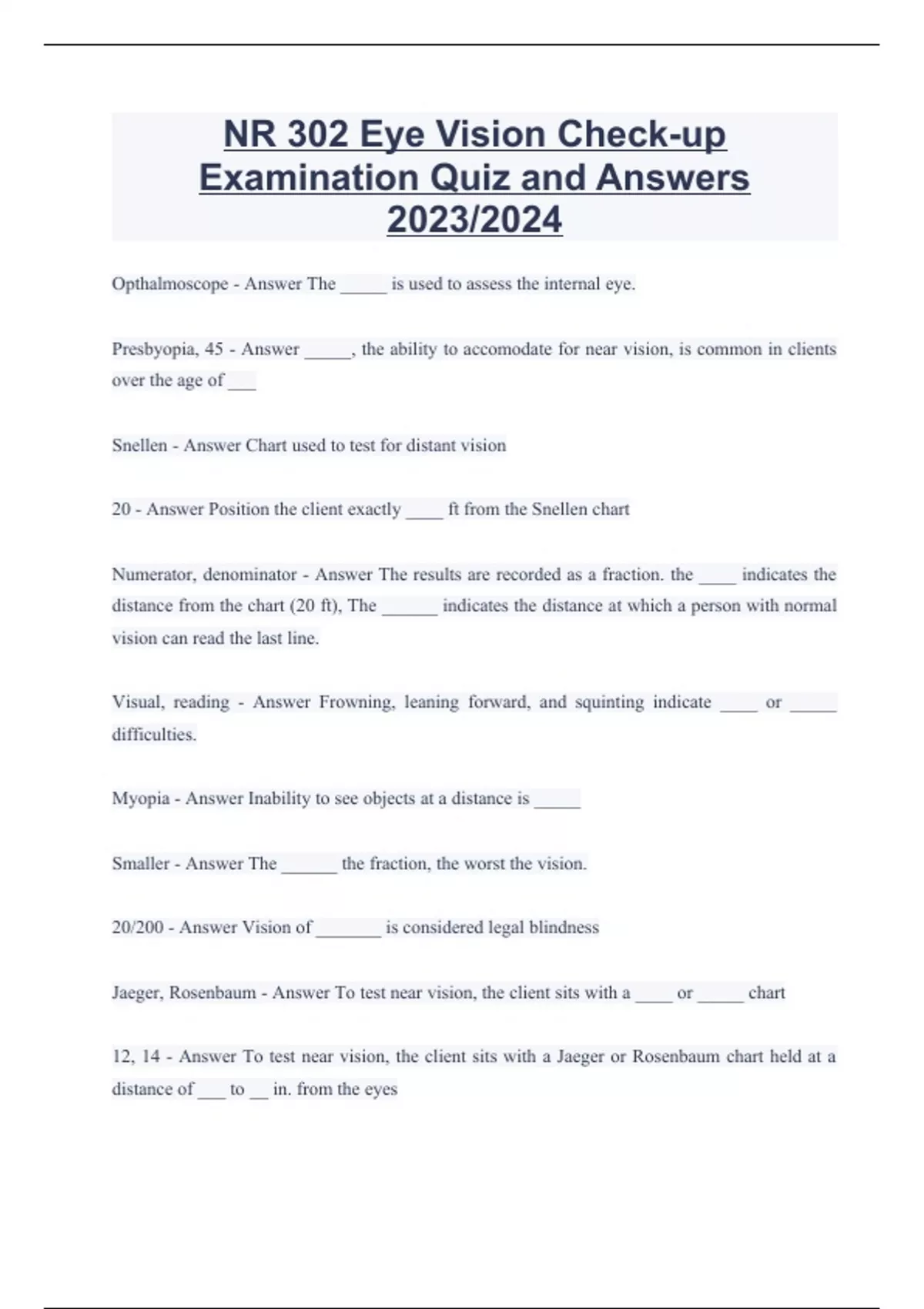NR 302 Eye Vision Check-up Examination Quiz and Answers 2023/2024 - NR 302 - Stuvia US