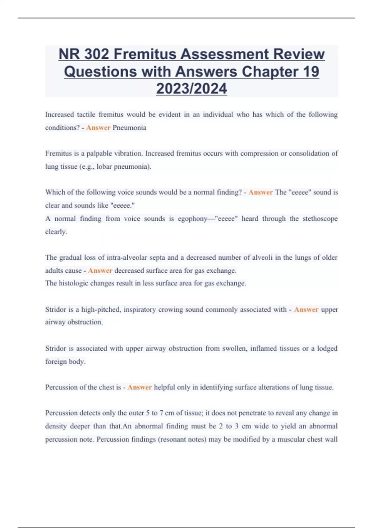 NR 302 Fremitus Assessment Review Questions with Answers Chapter 19 ...