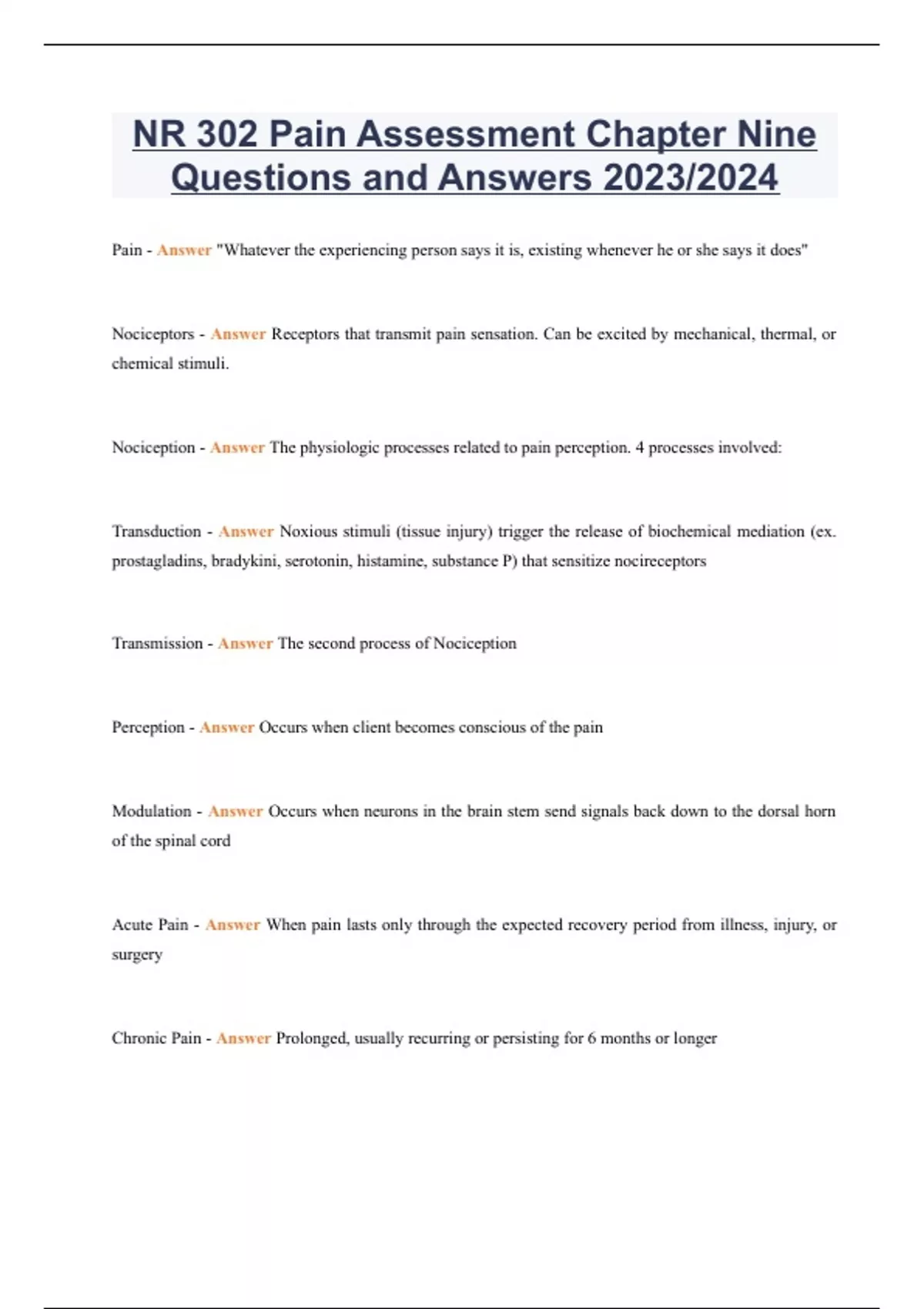 NR 302 Pain Assessment Chapter Nine Questions and Answers 2023/2024 ...