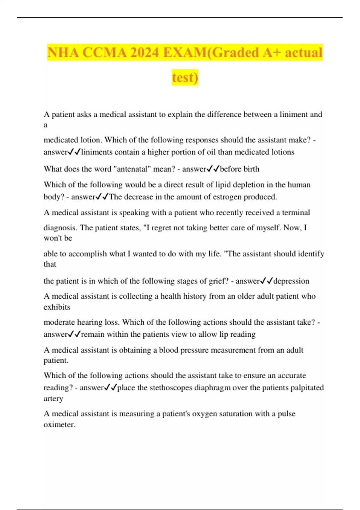 NHA CCMA 2024 EXAM(Graded A+ actual test) - NHA CCMA - Stuvia US