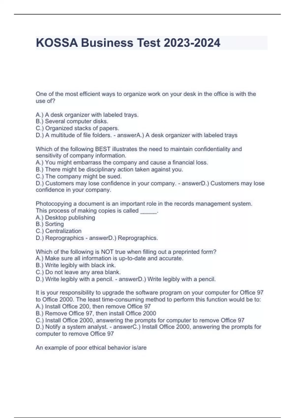 KOSSA Business Test Questions with solutions - KOSSA - Stuvia US