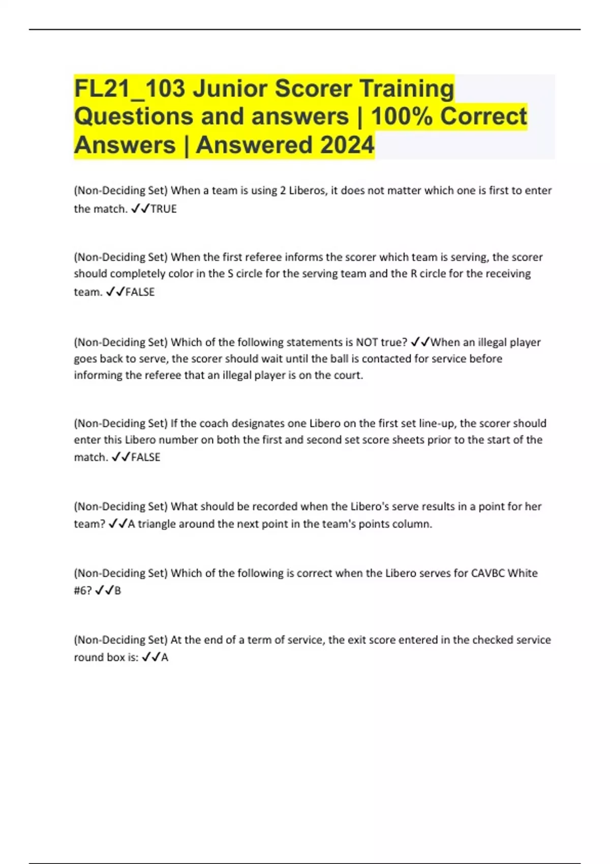 FL21_103 Junior Scorer Training Questions and answers | 100% Correct Answers | Answered 2024 ...