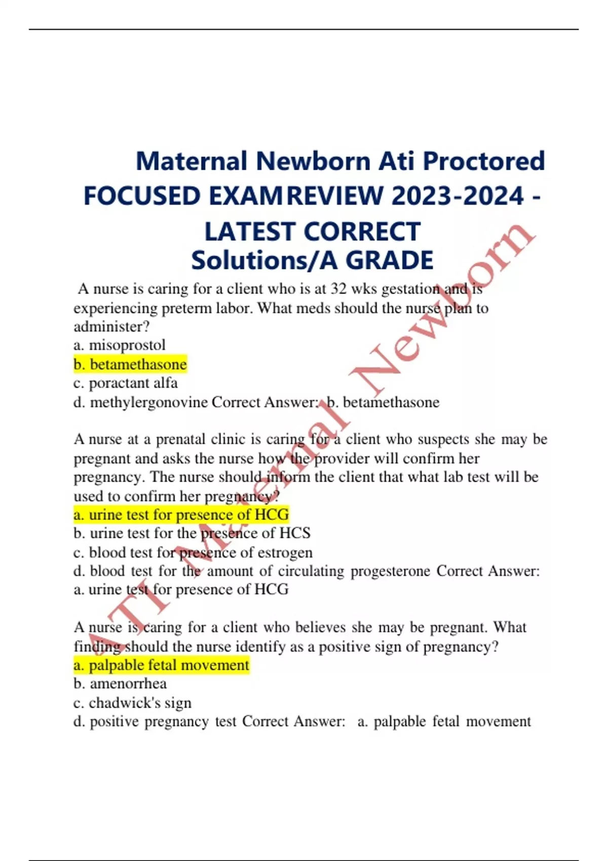 Maternal Newborn Ati Proctored FOCUSED EXAM REVIEW - LATEST CORRECT ...